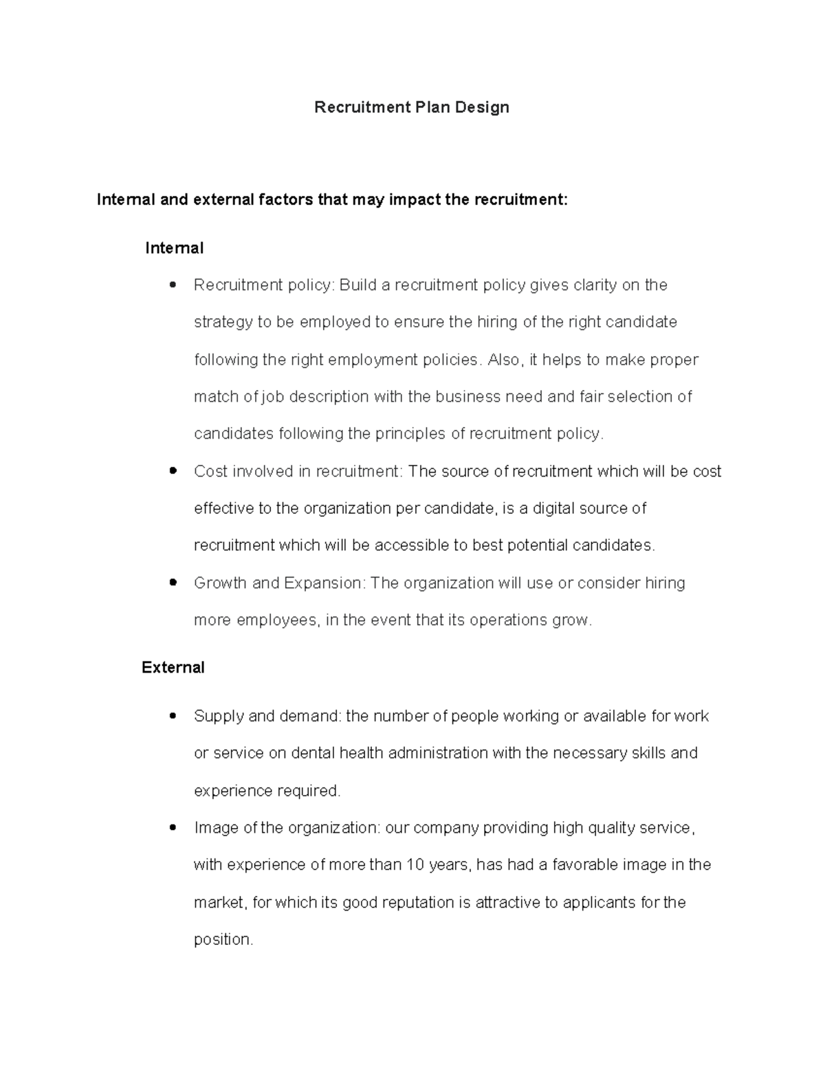 Assignment 3 Draft - Human Resources - Recruitment Plan Design Internal ...