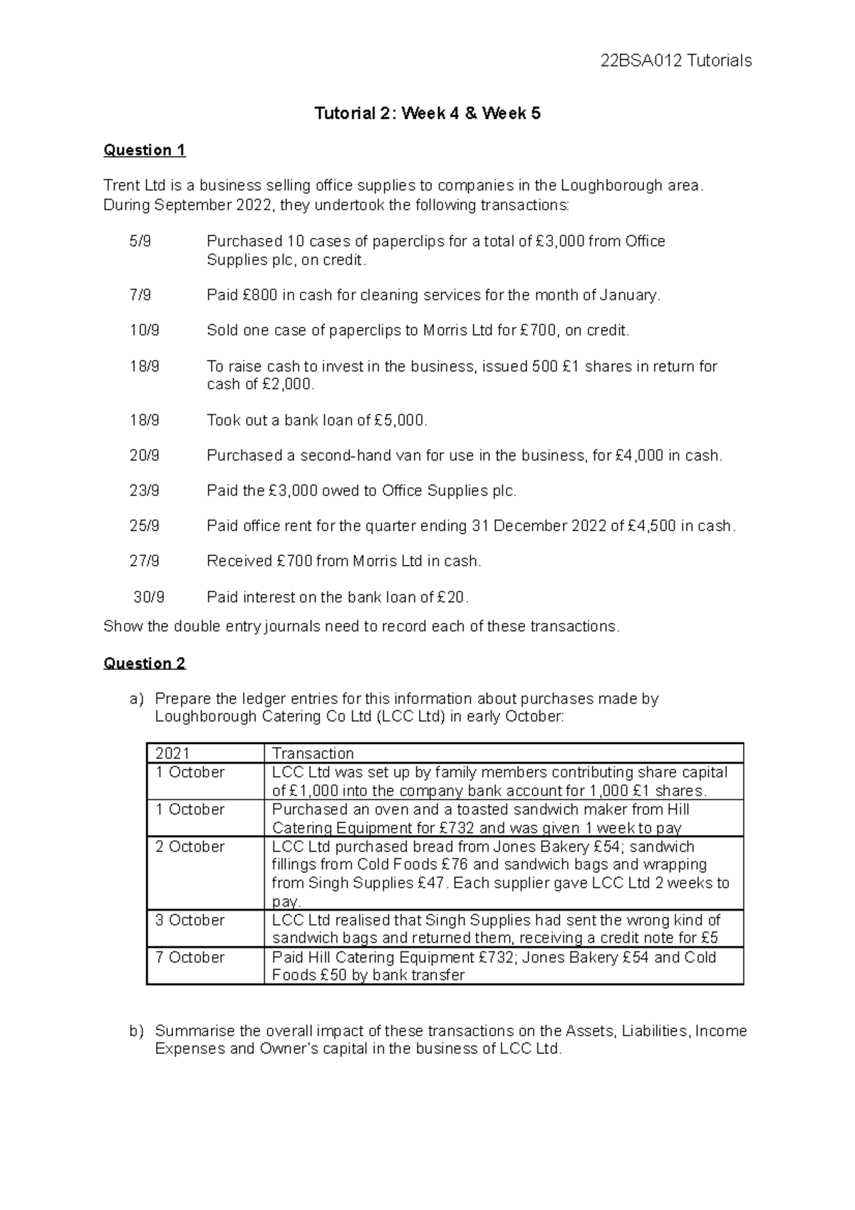 22 BSA012 Tutorial 2 questions - 22BSA012 Tutorials Tutorial 2: Week 4 & Week 5 Question 1 Trent ...
