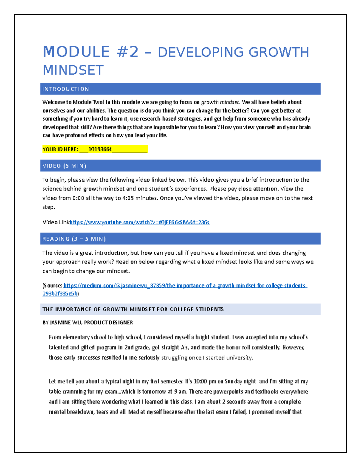 Grant Module 2 (10193664) - MODULE #2 – DEVELOPING GROWTH MINDSET ...