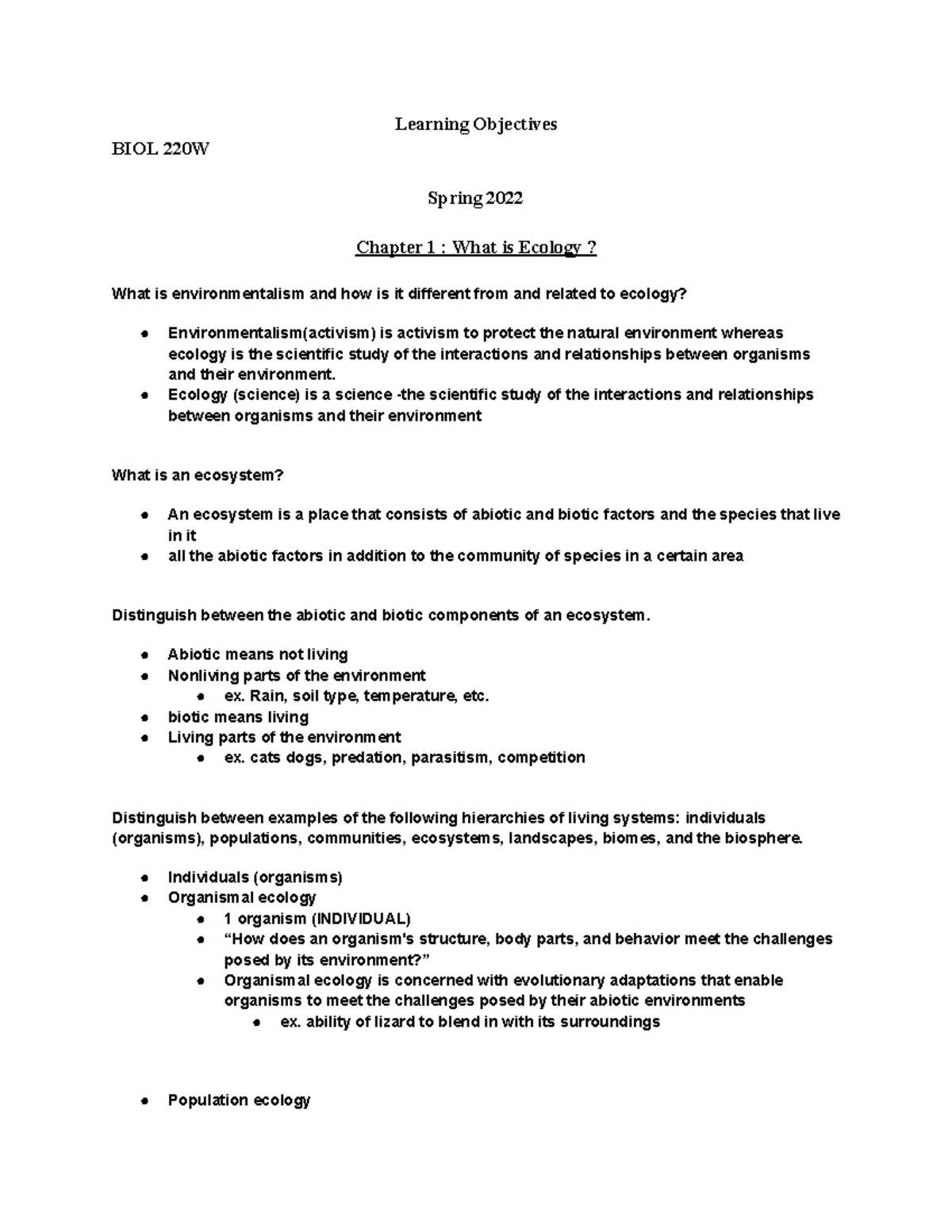 1 what is ecology Learning Objectives - Google Docs - Learning ...