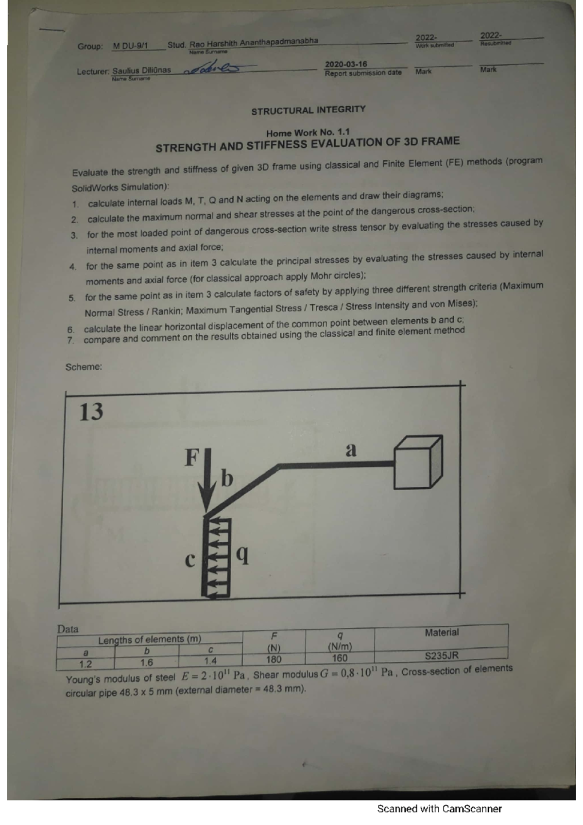 Structural integrity homework 1 2022 - Group: M Stud. Rao Harshith Ananthapadmanabha Work ...
