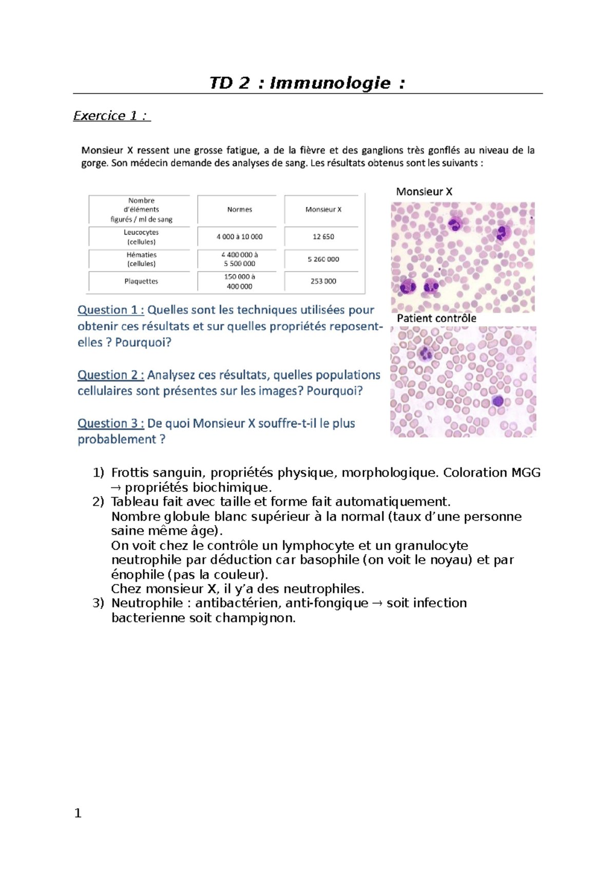 TD immunologie S4 SV L2 > - TD 2 : Immunologie : Exercice 1 : 1) Frottis sanguin, propriétés ...