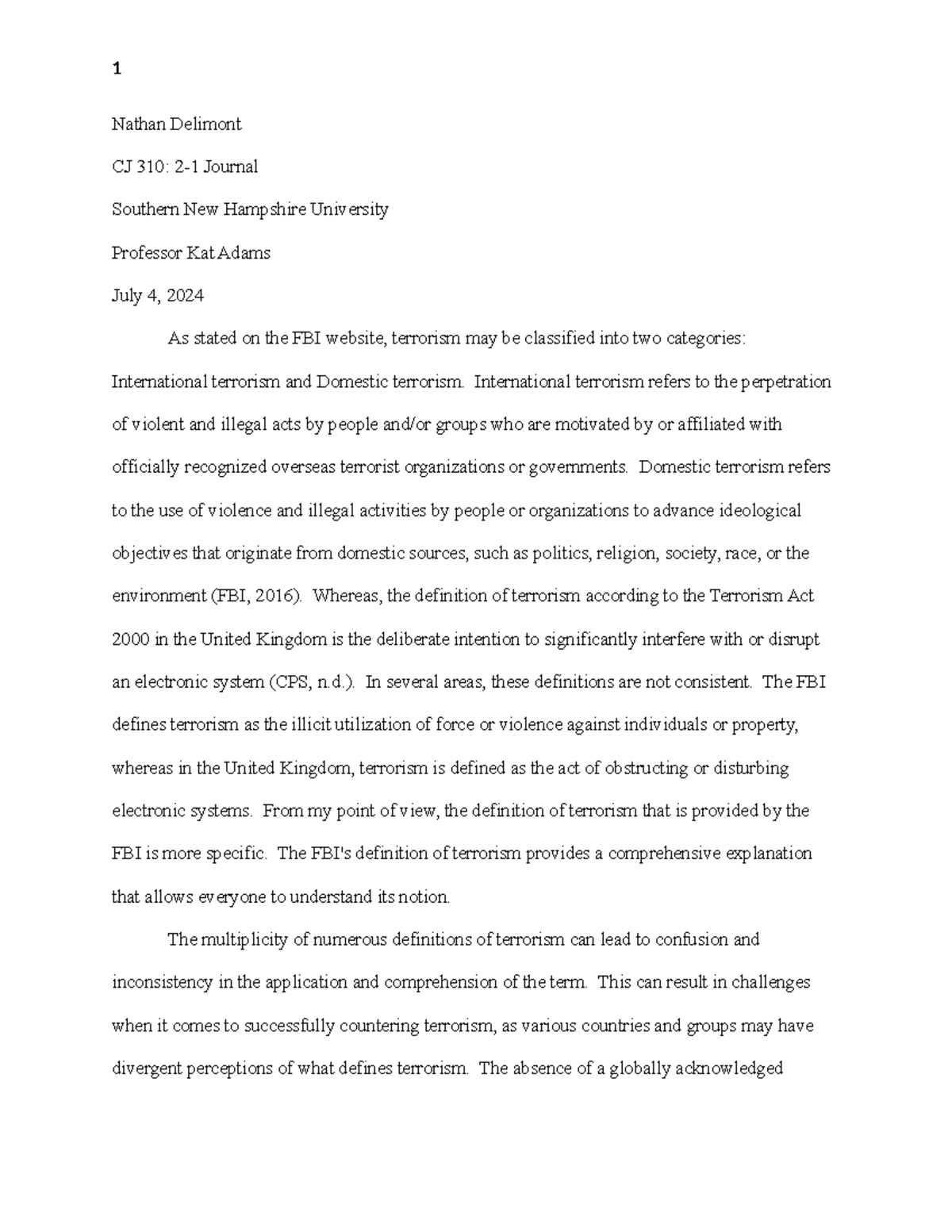 CJ 310 1-2 Journal - 1 Nathan Delimont CJ 310: 2-1 Journal Southern New ...