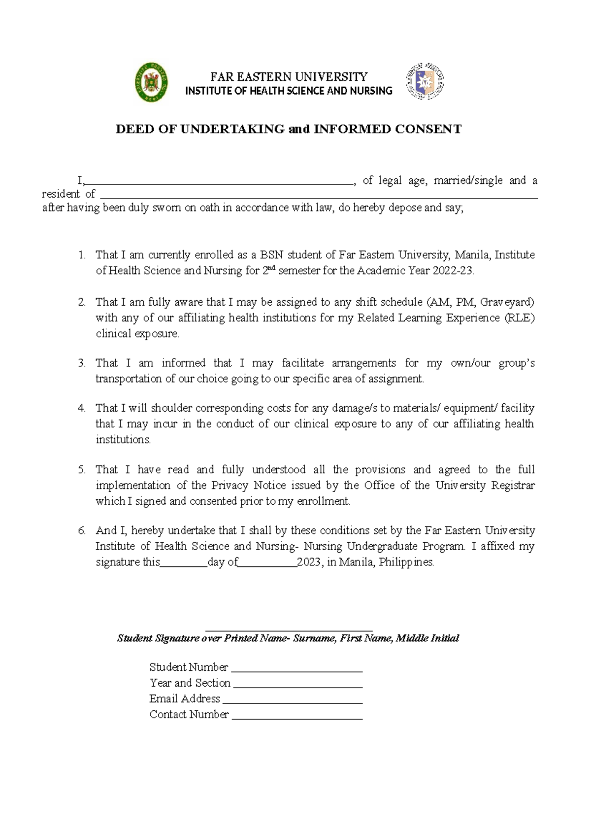 Deed-of-Undertaking 2 - FAR EASTERN UNIVERSITY INSTITUTE OF HEALTH ...