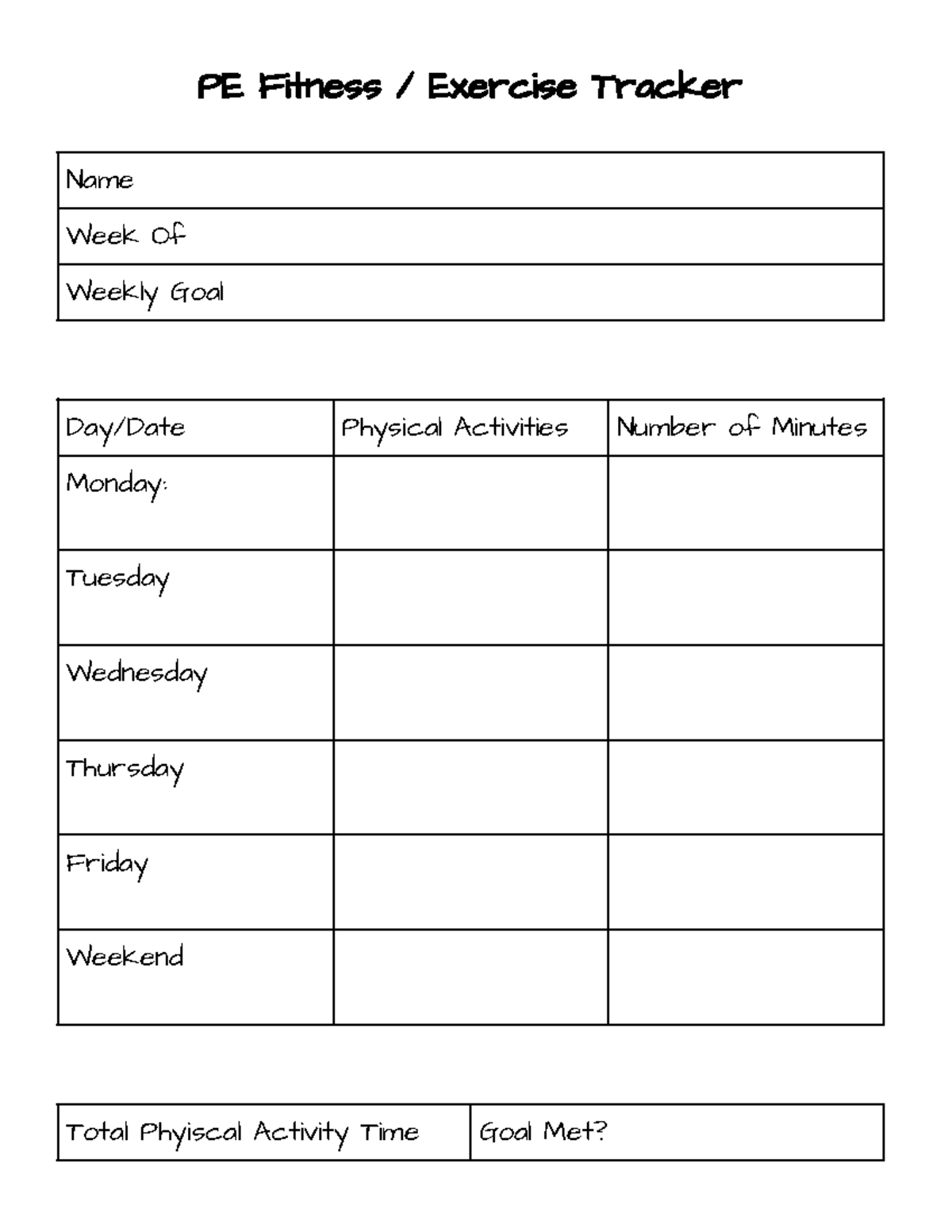 Physical Education Student Form Activity Tracking Log in Google Doc ...