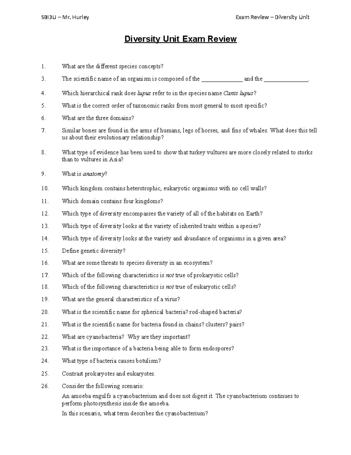 Diversity Exam Review - good luck - SBI3U – Mr. Hurley Exam Review ...