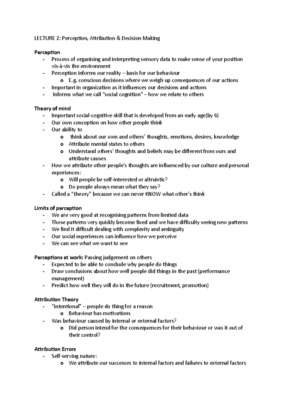 Ob notes - LECTURE 2: Perception, Attribution Decision Making ...