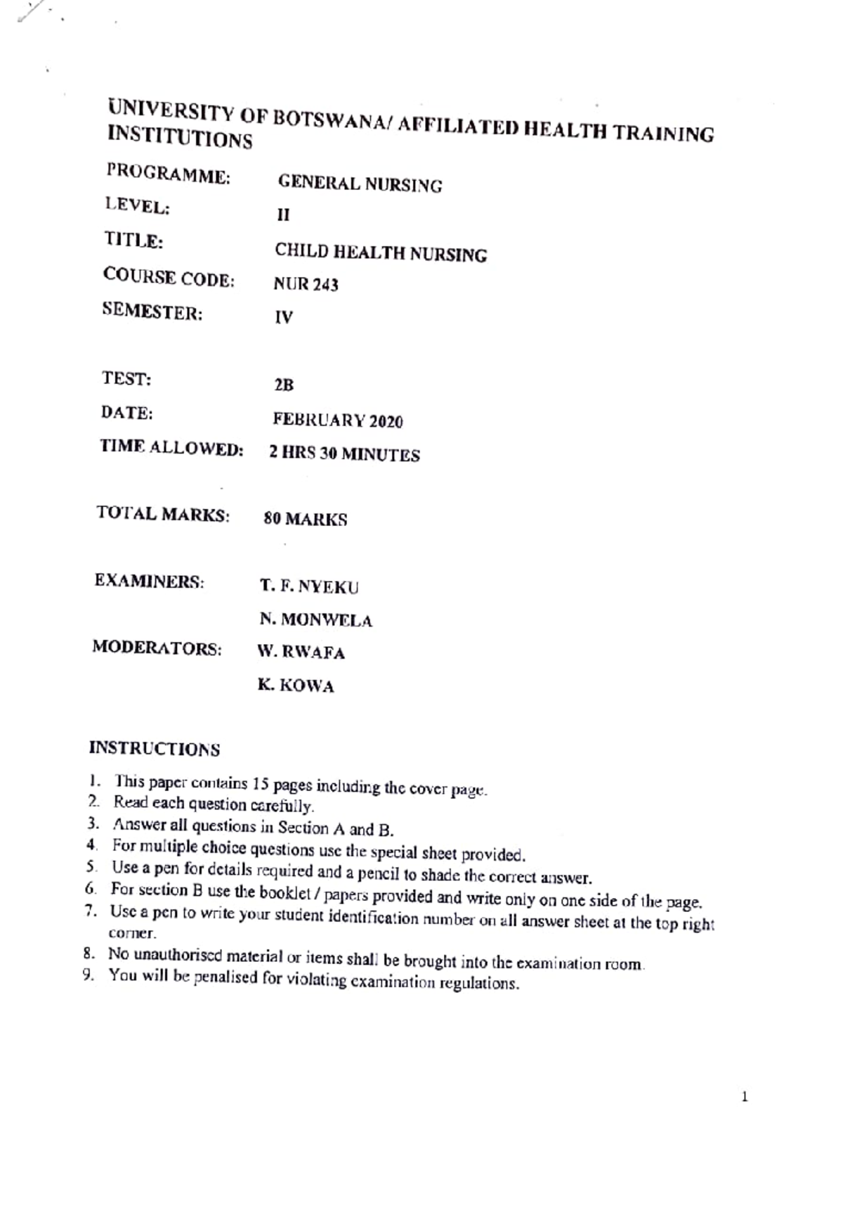 Child Nursing 2020 - Past Exam Papers - UNIVERSITY OF BOTSWANA ...
