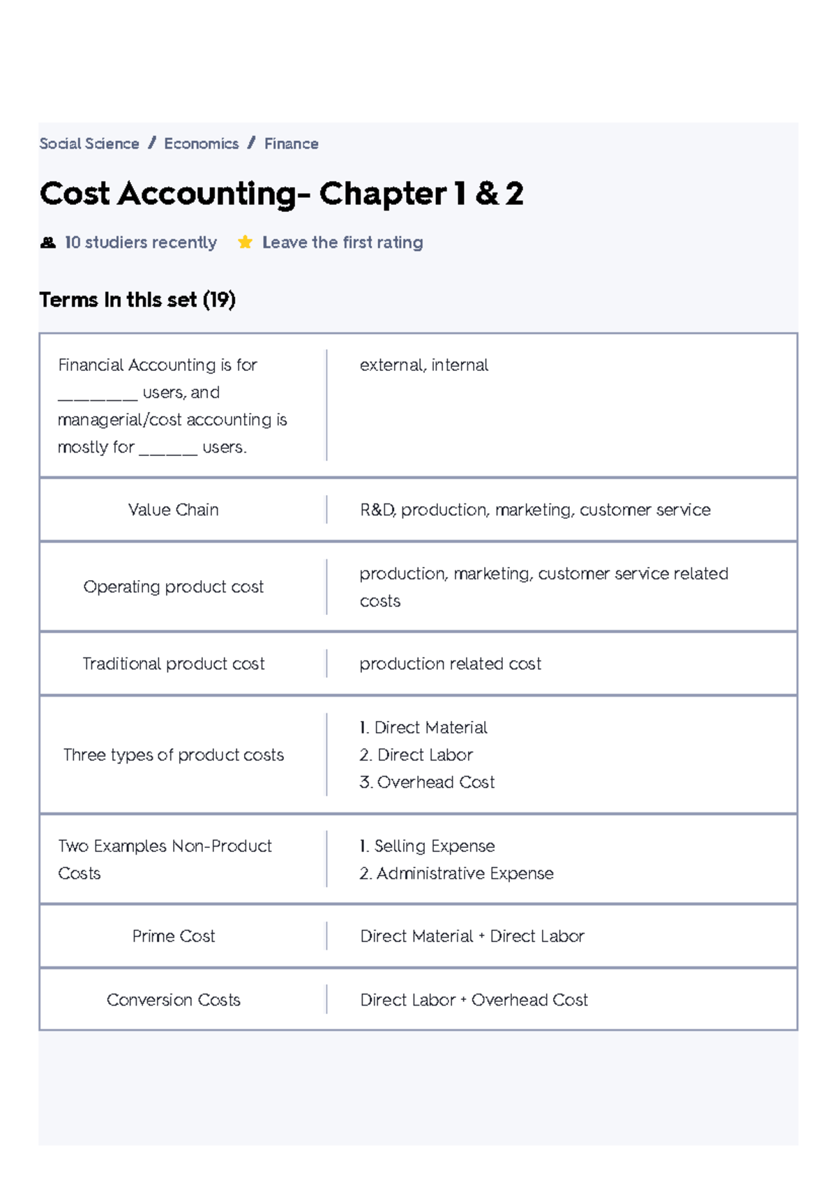 Cost Accounting- Chapter 1 & 2 Flashcards - Cost Accounting- Chapter 1 ...