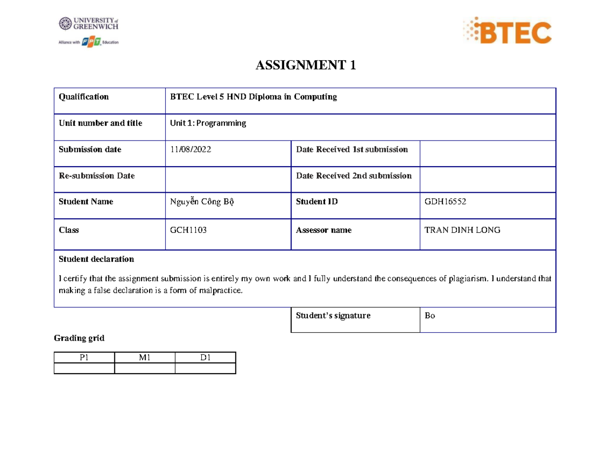 ASM1-PRO-GCH1103 - abc - ASSIGNMENT 1 Qualification BTEC Level 5 HND ...