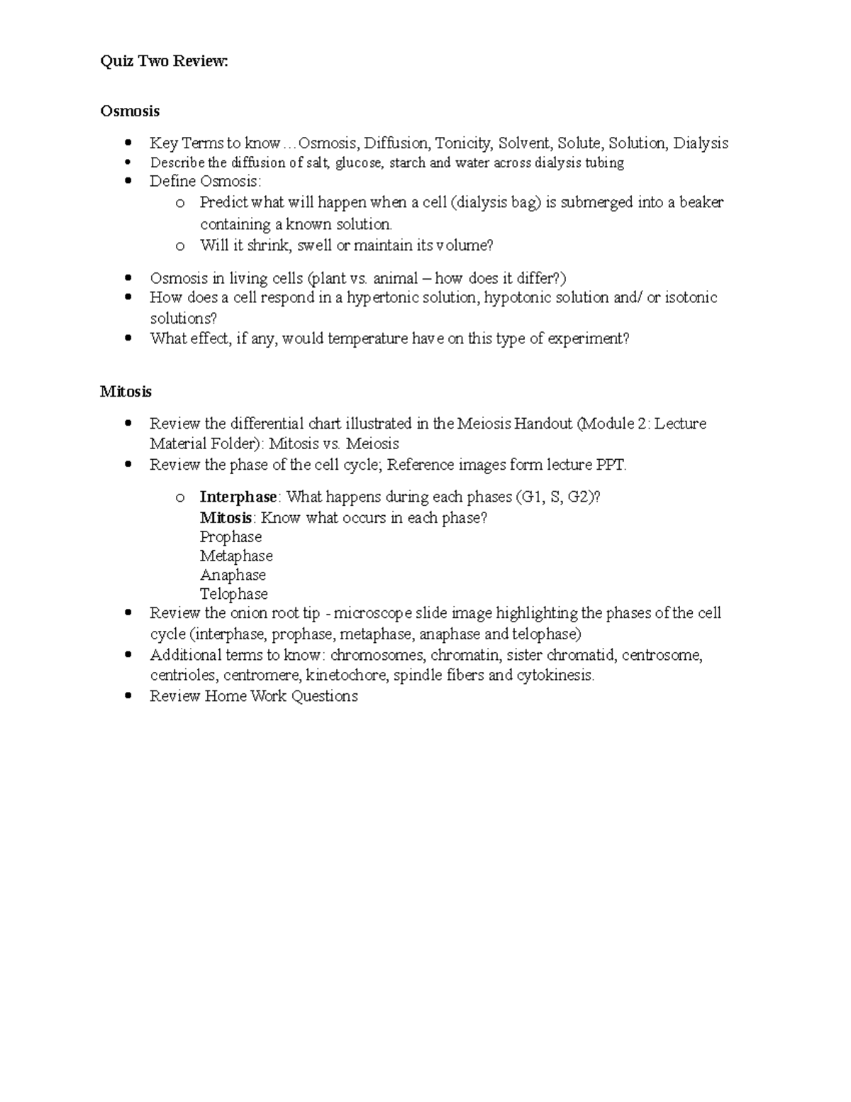 Quiz Two Review - Handout - Quiz Two Review: Osmosis Key Terms to know ...