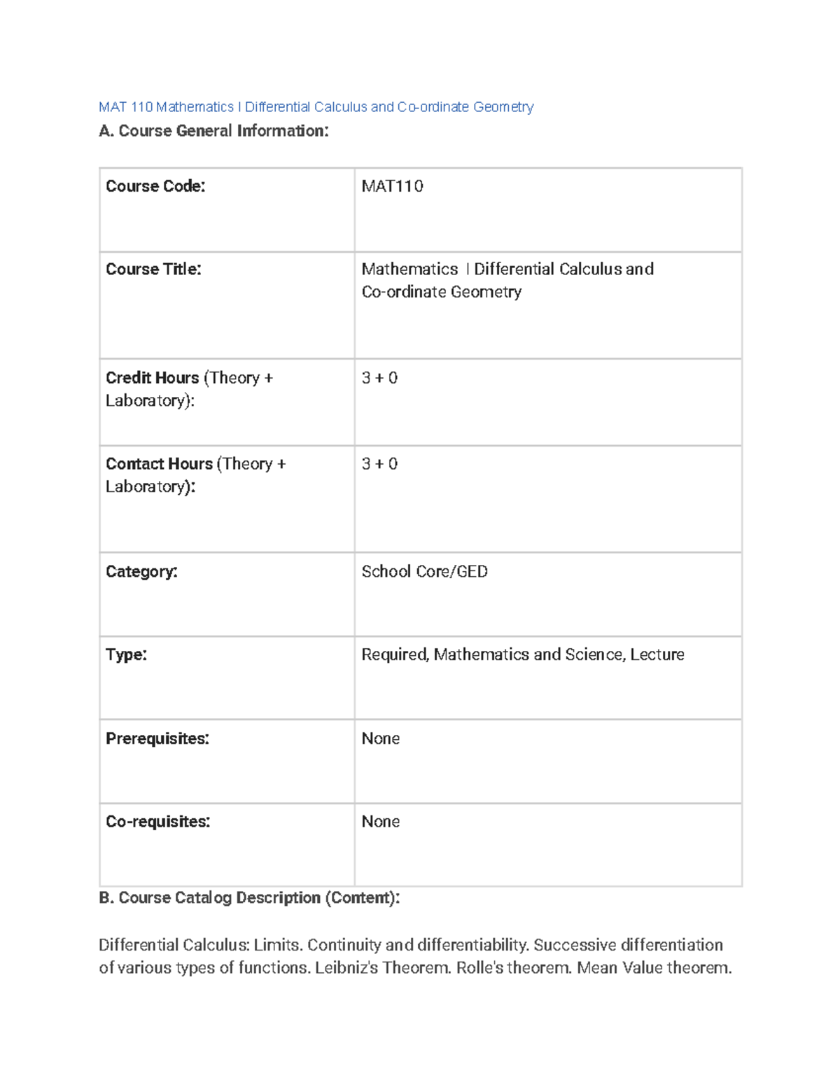 MAT 110 Mathematics I Differential Calculus and Co-ordinate Geometry ...