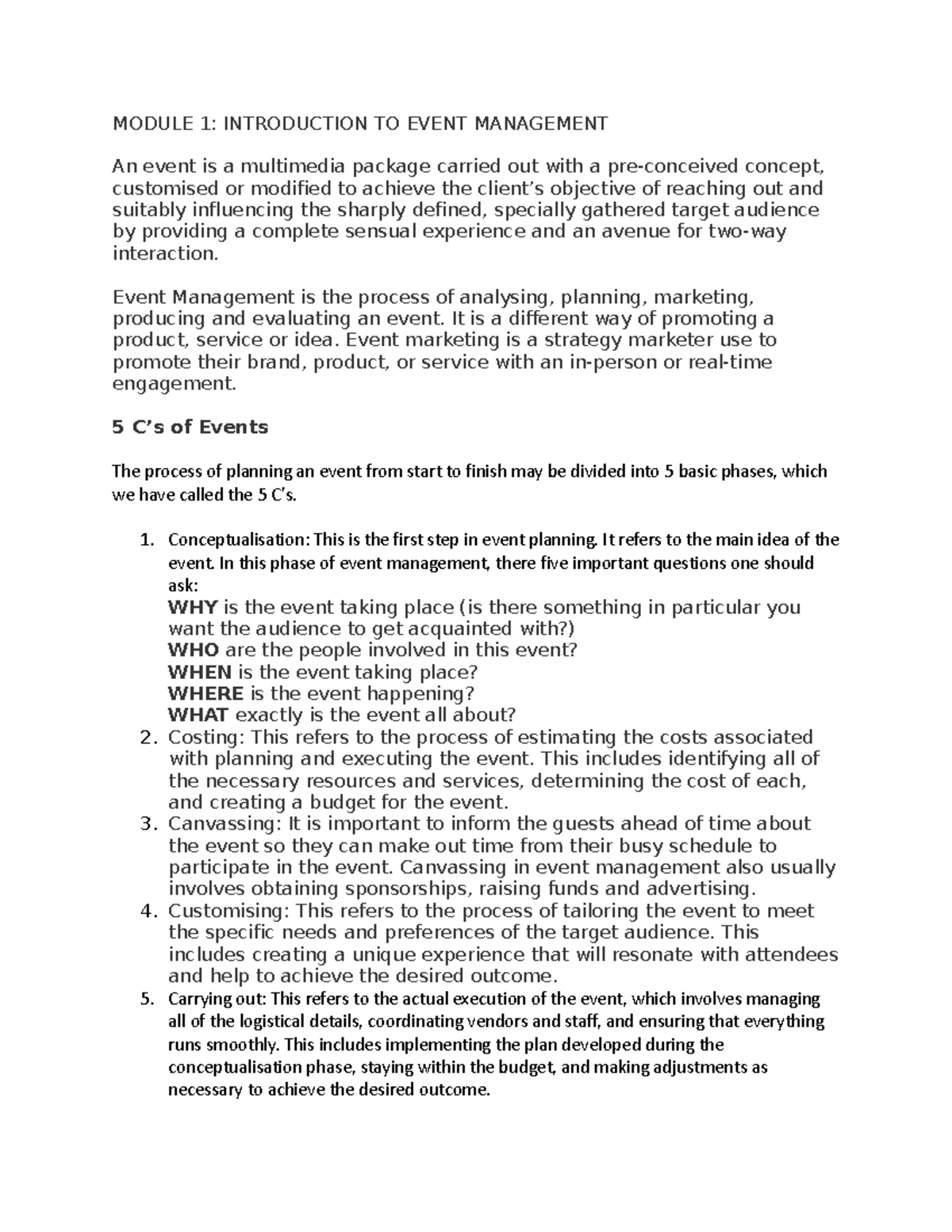 EM Notes - MODULE 1: INTRODUCTION TO EVENT MANAGEMENT An event is a ...