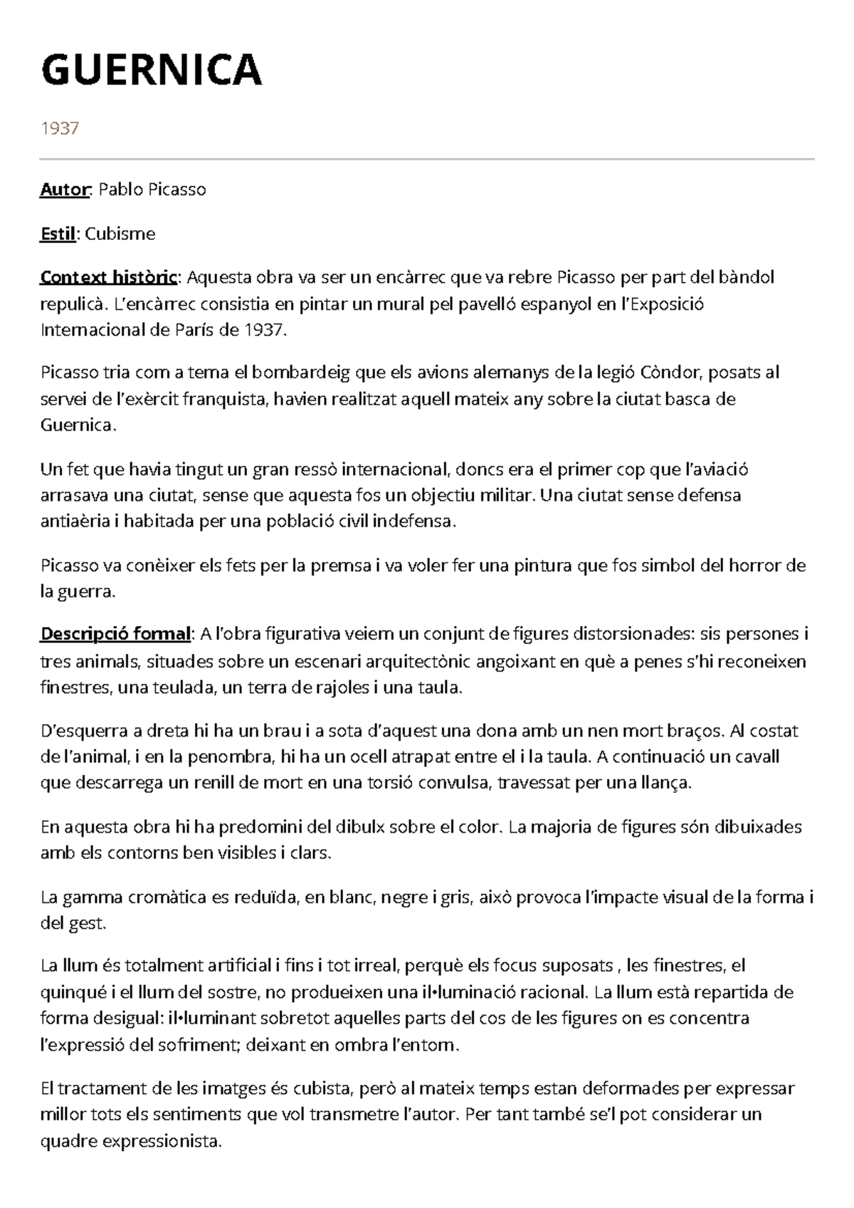 Guernica - fitxa tècnica de l'obra - GUERNICA 1937 Autor: Pablo Picasso ...