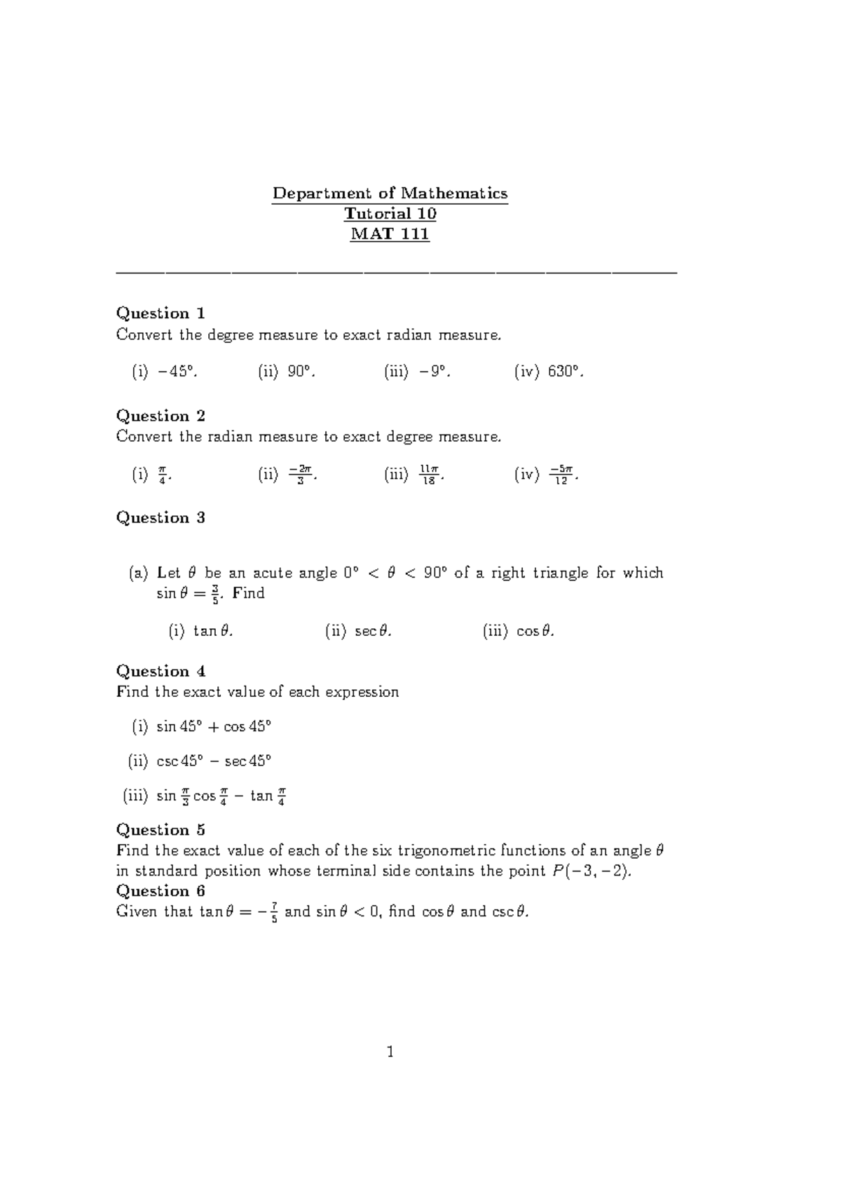 Tutorial Trigonometry - Department of Mathematics Tutorial 10 MAT 111 ...