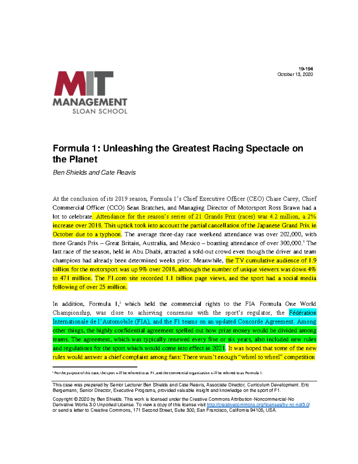 F1 Case Study - 19 - 194 October 13, 2020 Formula 1: Unleashing the ...