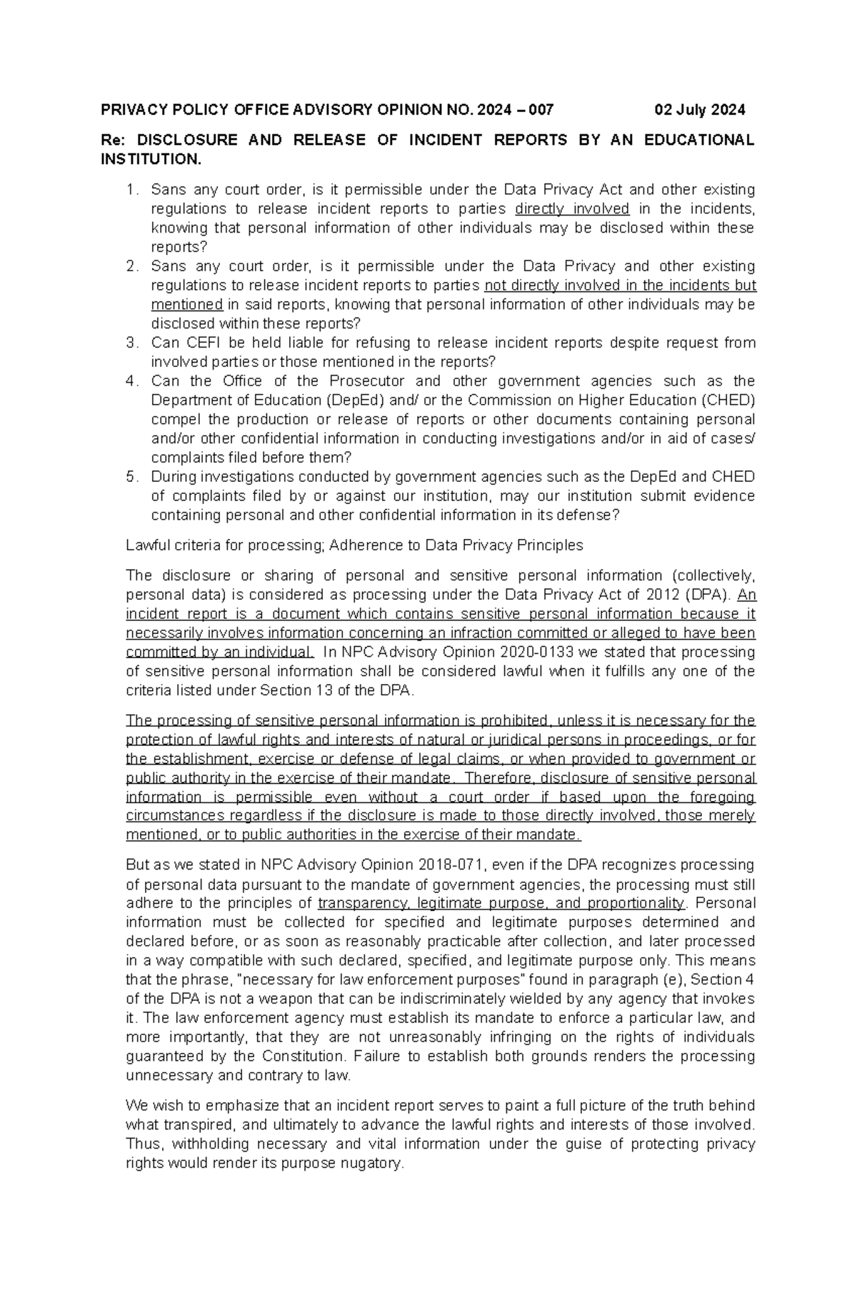 Advisory-Opinion School - PRIVACY POLICY OFFICE ADVISORY OPINION NO ...