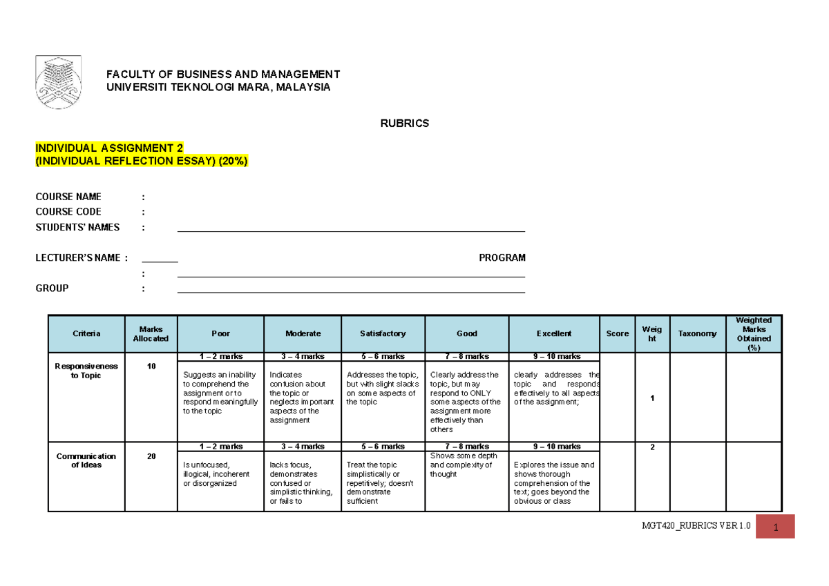 self reflection - MGT420_RUBRICS VER 1 1 FACULTY OF BUSINESS AND ...