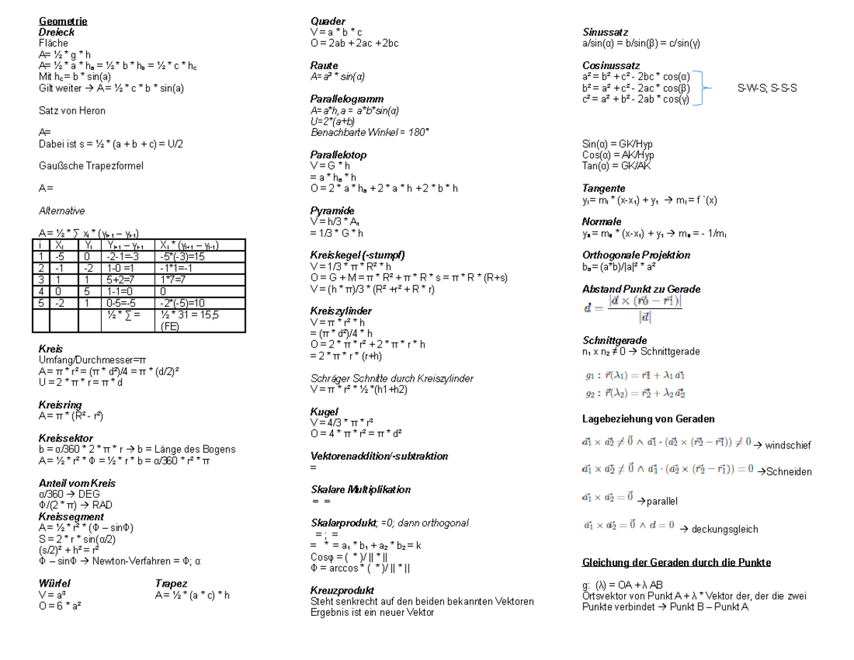 Mathe-spicker - Mathe-spicker - Geometrie Dreieck Fläche A= ½ * g * h A ...