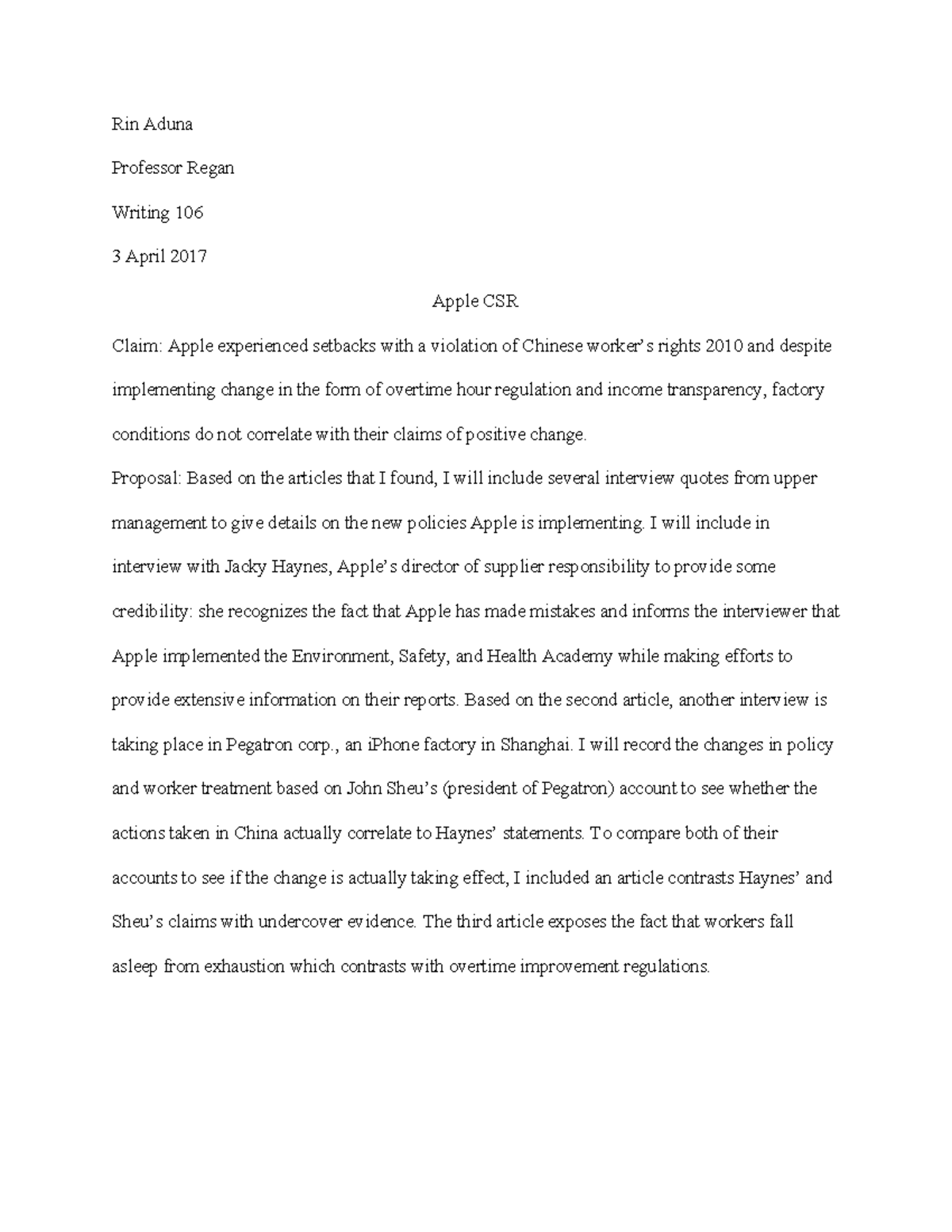 Apple CSR Outline - Rin Aduna Professor Regan Writing 106 3 April 2017 ...