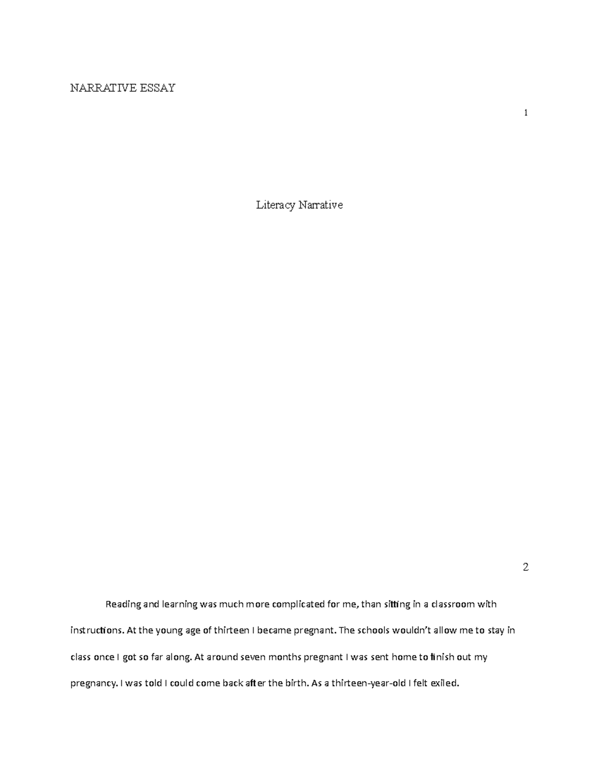 Narrative Essay - NARRATIVE ESSAY 1 Literacy Narrative 2 Reading and ...
