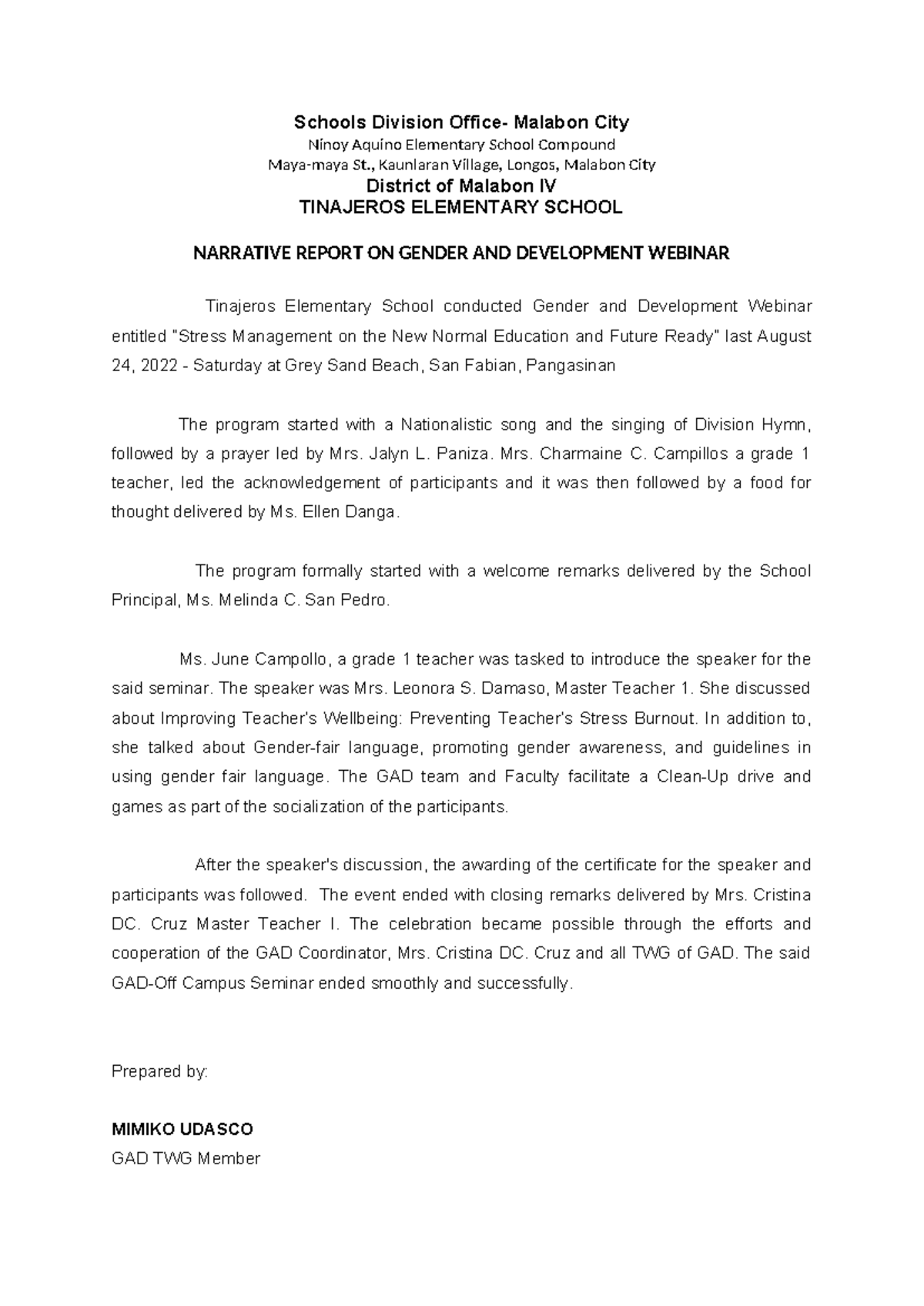 GAD- Narrative - Gender and Development - Schools Division Office ...