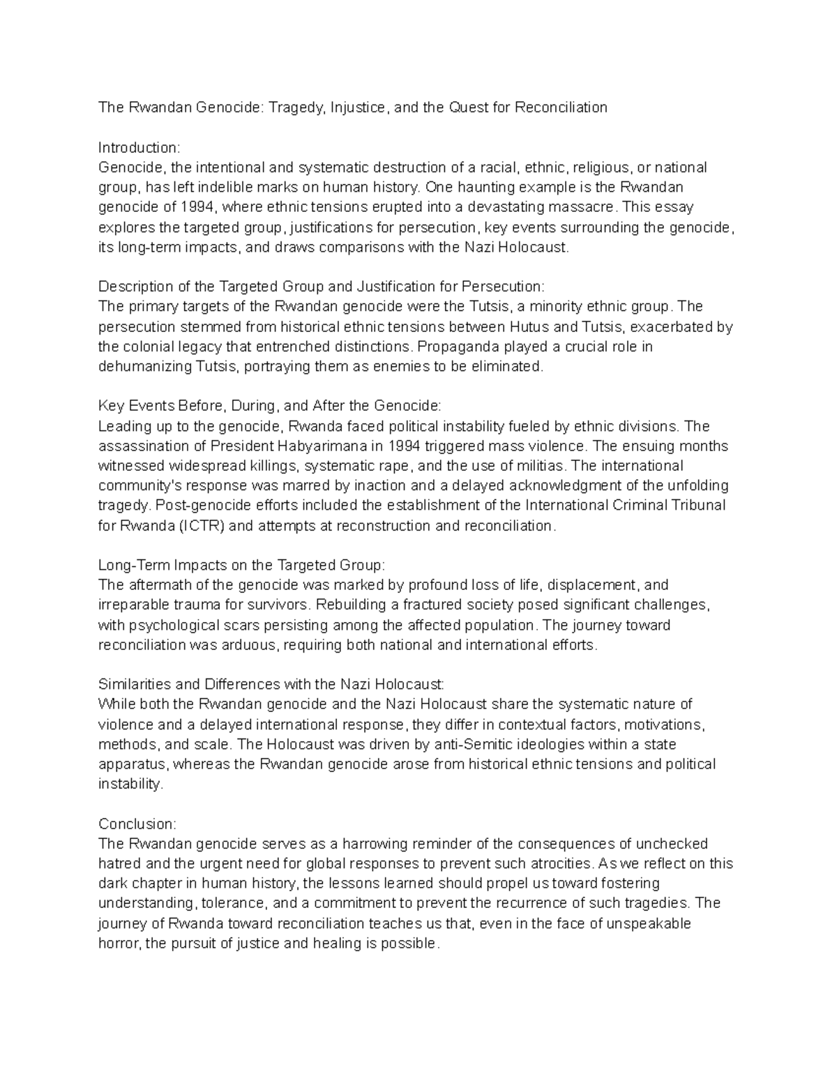 Hist 5 - Coursework - The Rwandan Genocide: Tragedy, Injustice, and the ...
