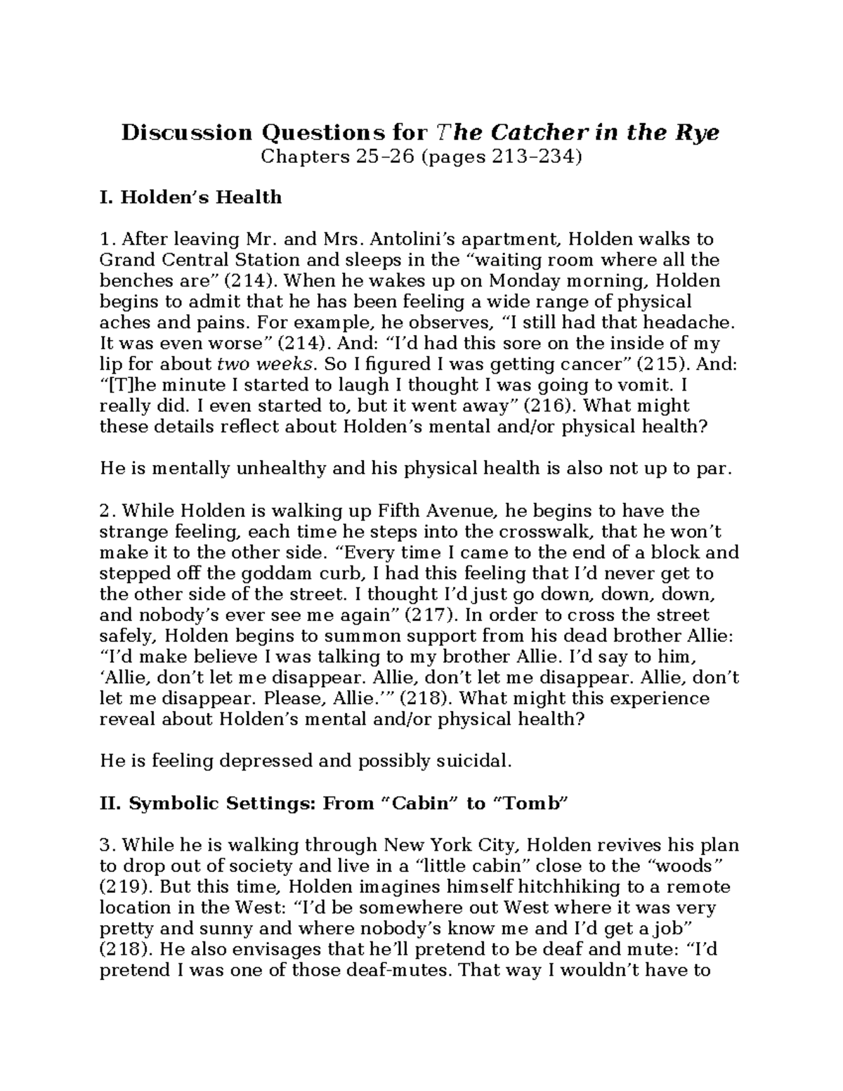 Chapters+25-26+Study+Guide - Discussion Questions for The Catcher in ...