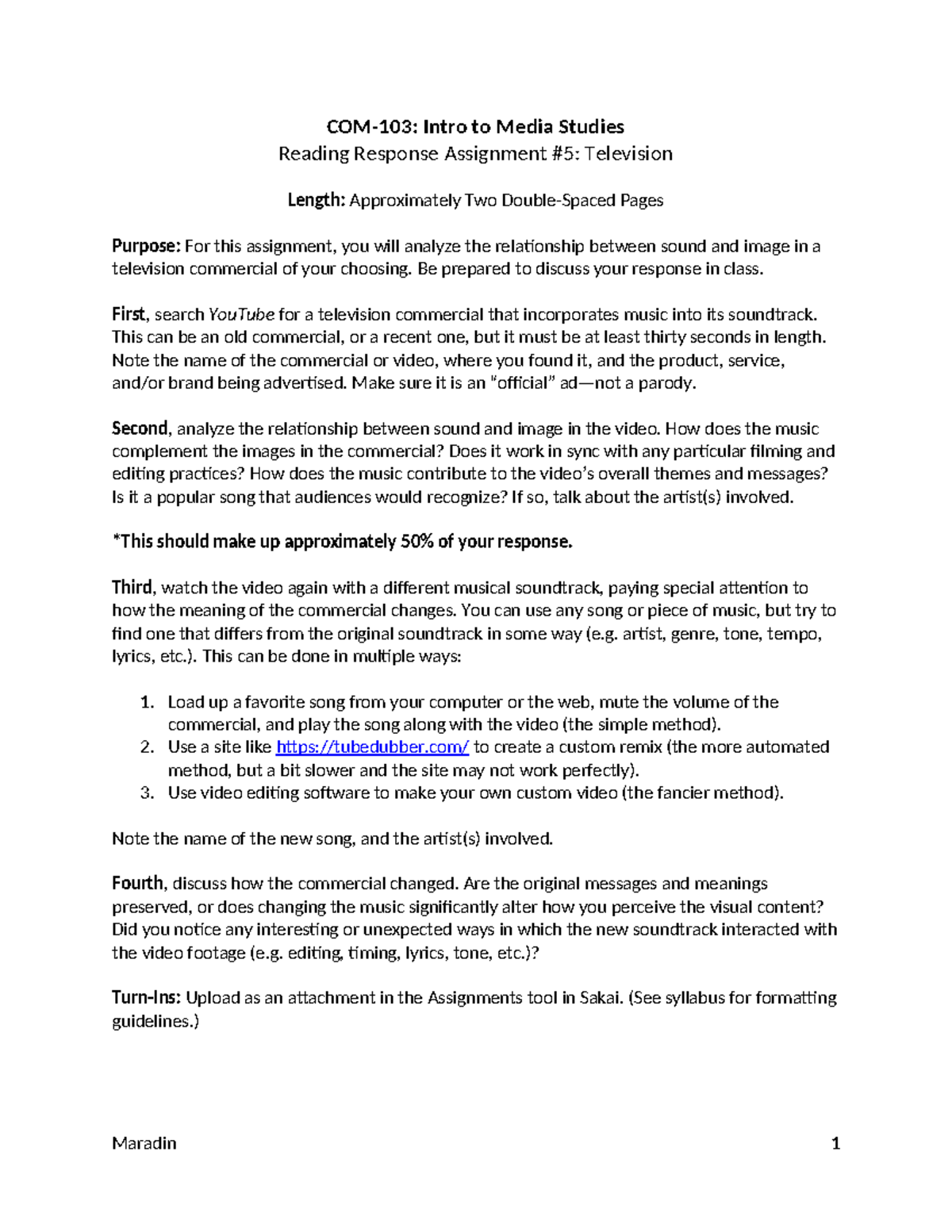 05 Response Assignment 5 Television - COM-103: Intro to Media Studies Reading Response ...