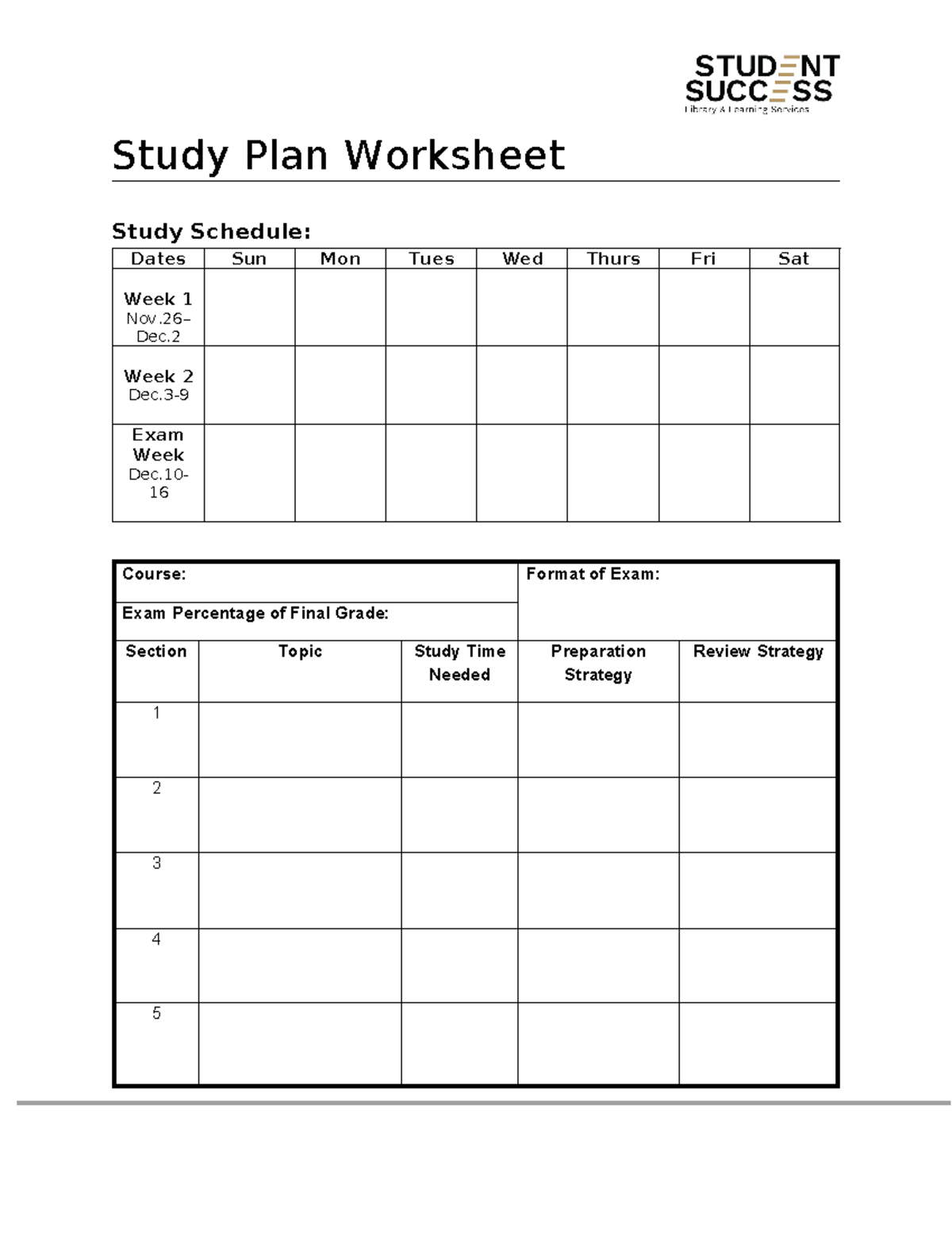 Study-Plan-Worksheet - Study Plan Worksheet Study Schedule: Dates Sun ...