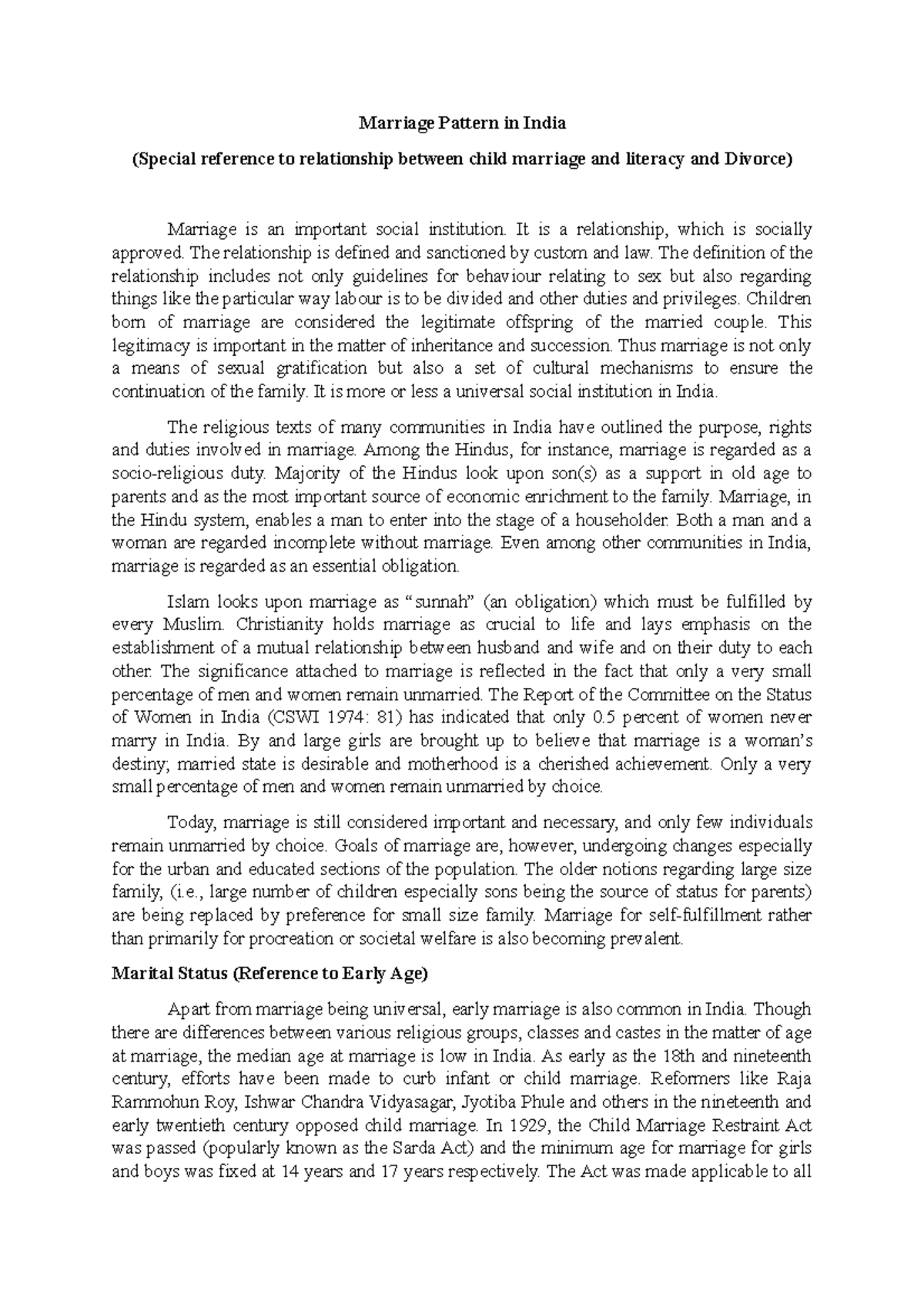 Marriage Pattern in India - Marriage Pattern in India (Special ...