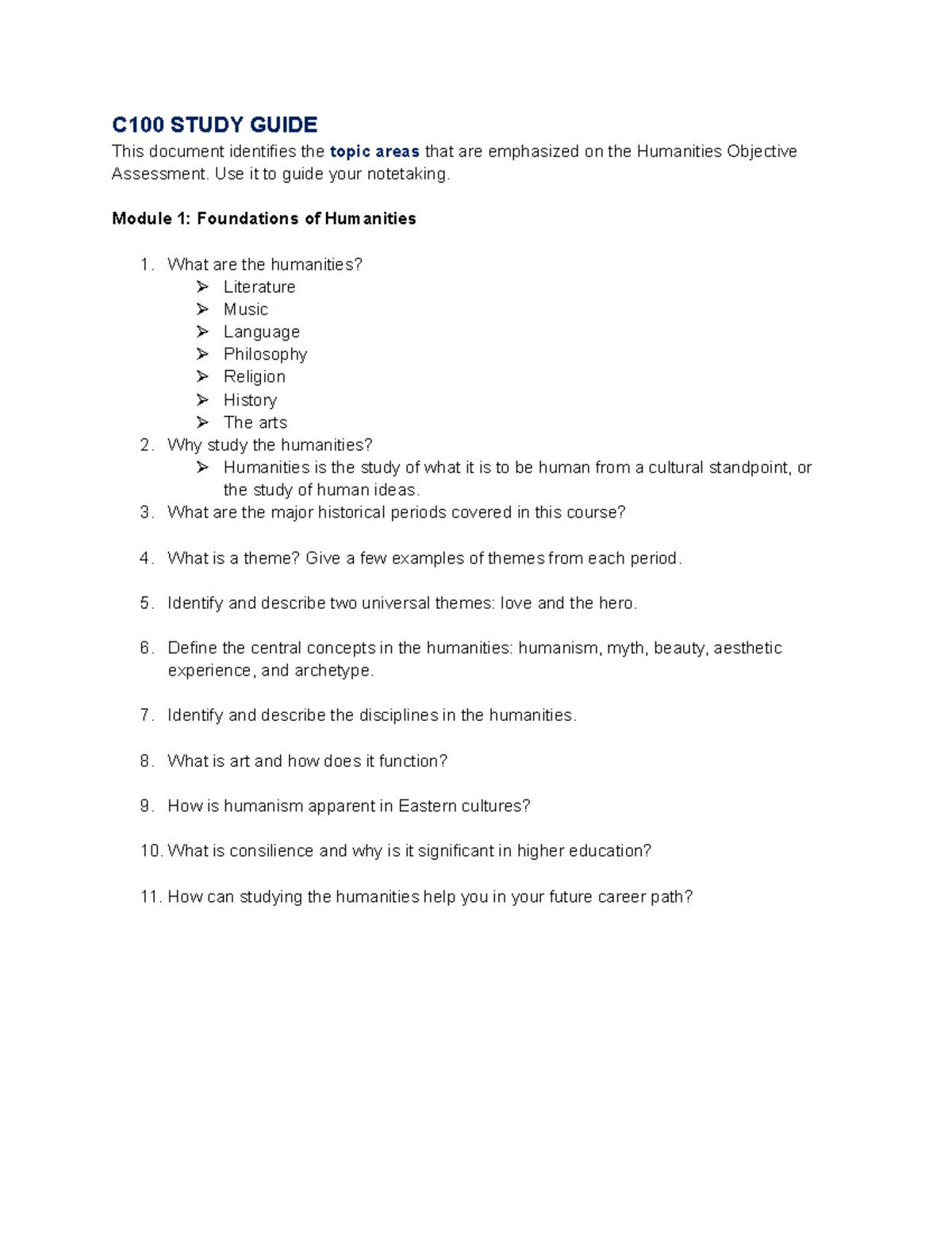 Study guide - C100 STUDY GUIDE This document identifies the topic areas ...