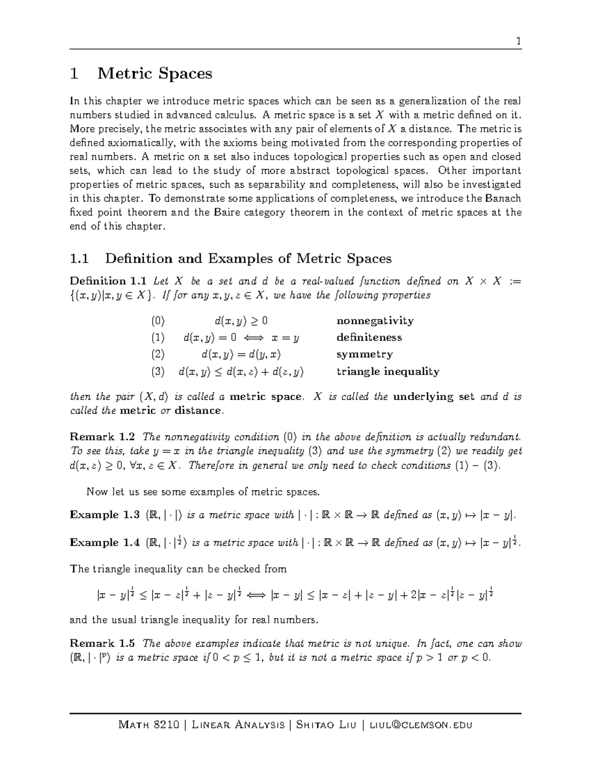 Section 1 Math8210 Lecture Notes 1 1 Metric Spaces In This Chapter We Introduce Metric