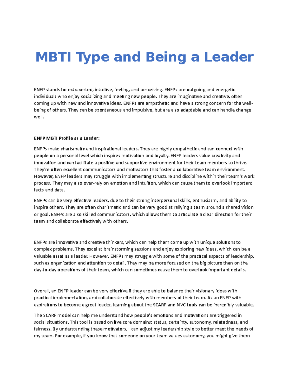 Assignment emo 5 - MBTI Type and Being a Leader ENFP stands for ...