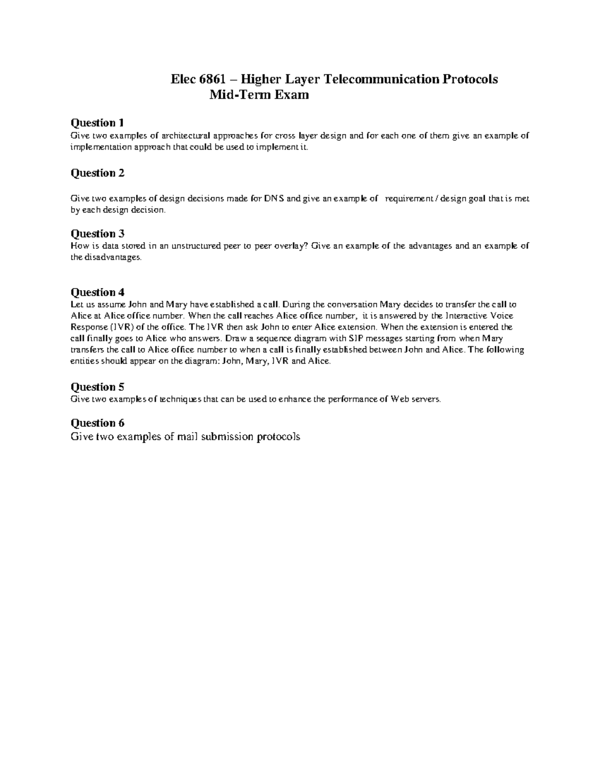 F13 Quiz1 Elec6861 - Quiz sample - Elec 6861 – Higher Layer Telecommunication Protocols Mid-Term ...