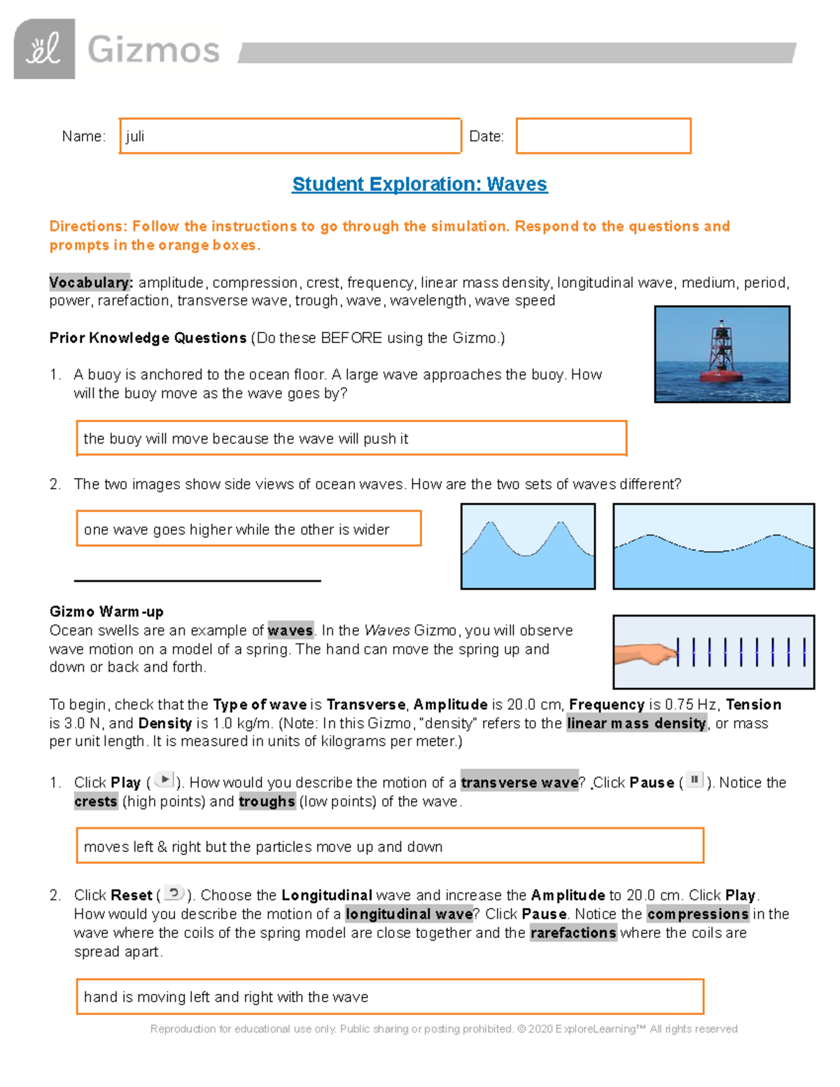 Copy of Copy of Waves SE - Name: juli Date: Student Exploration: Waves ...