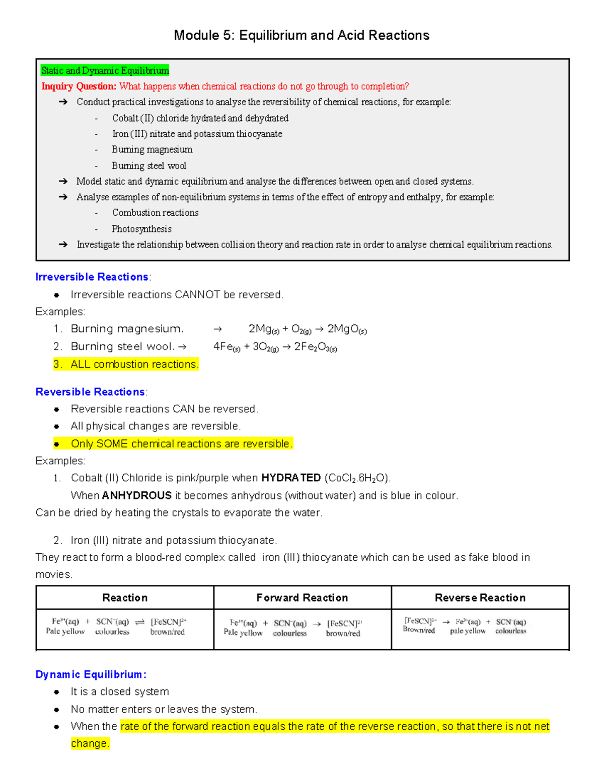 Module 5 Notes - Module 5: Equilibrium and Acid Reactions Static and ...