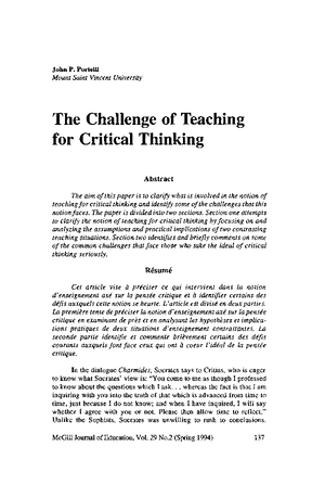 Critical thinking and the humanities - Article Critical thinking and ...
