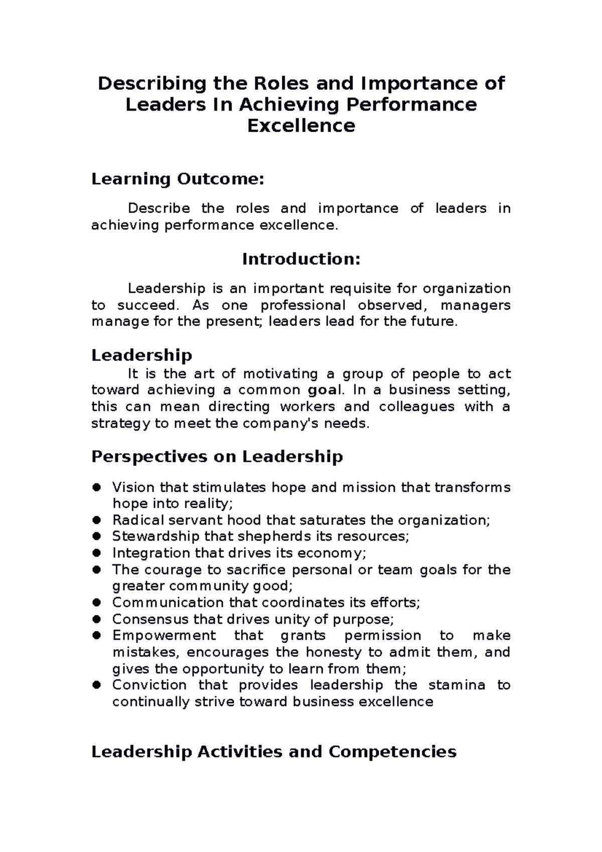 Describing the Roles and Importance of Leaders - Introduction: Leadership is an important ...
