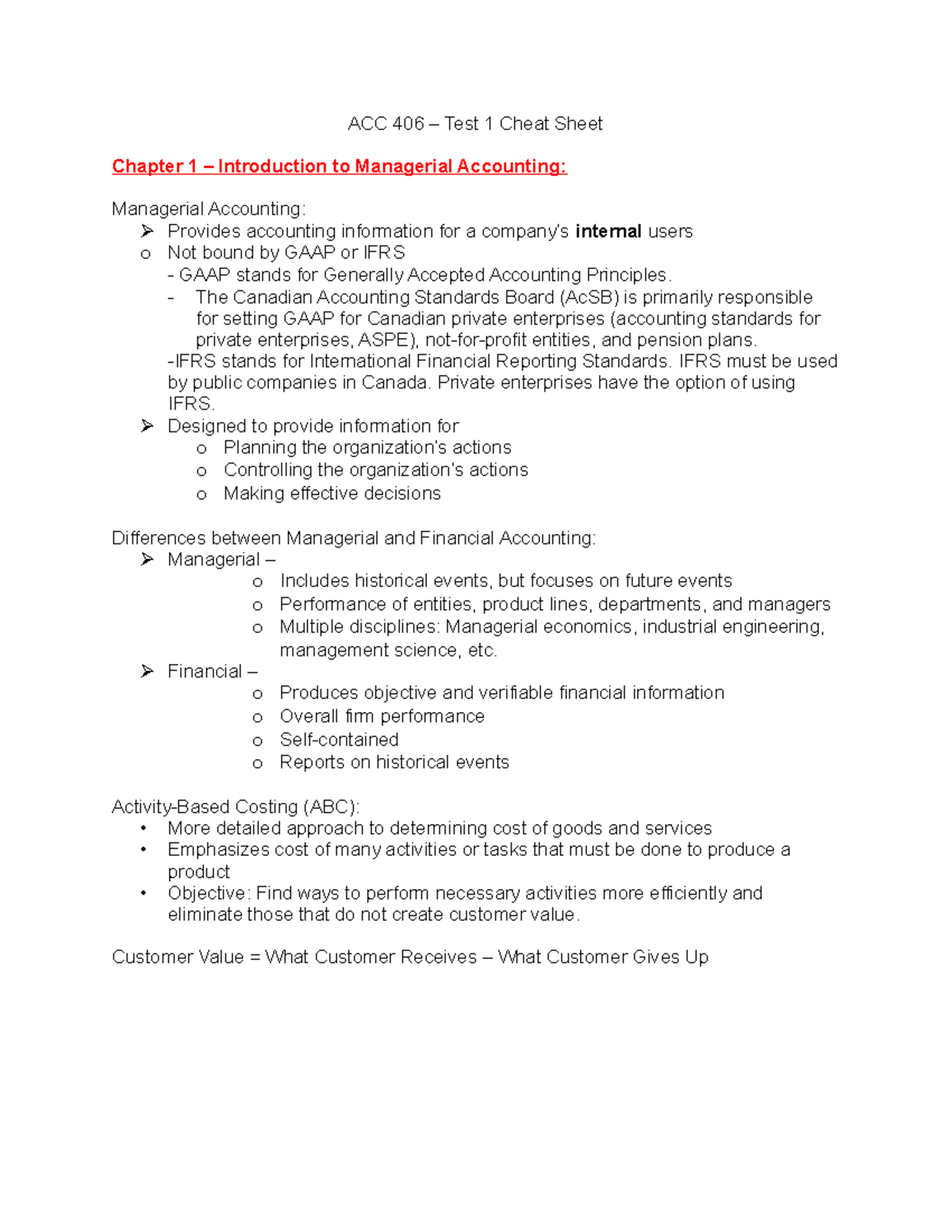 ACC 406 - Test 1 Cheat Sheet - AFA200 - Toronto Met - Studocu