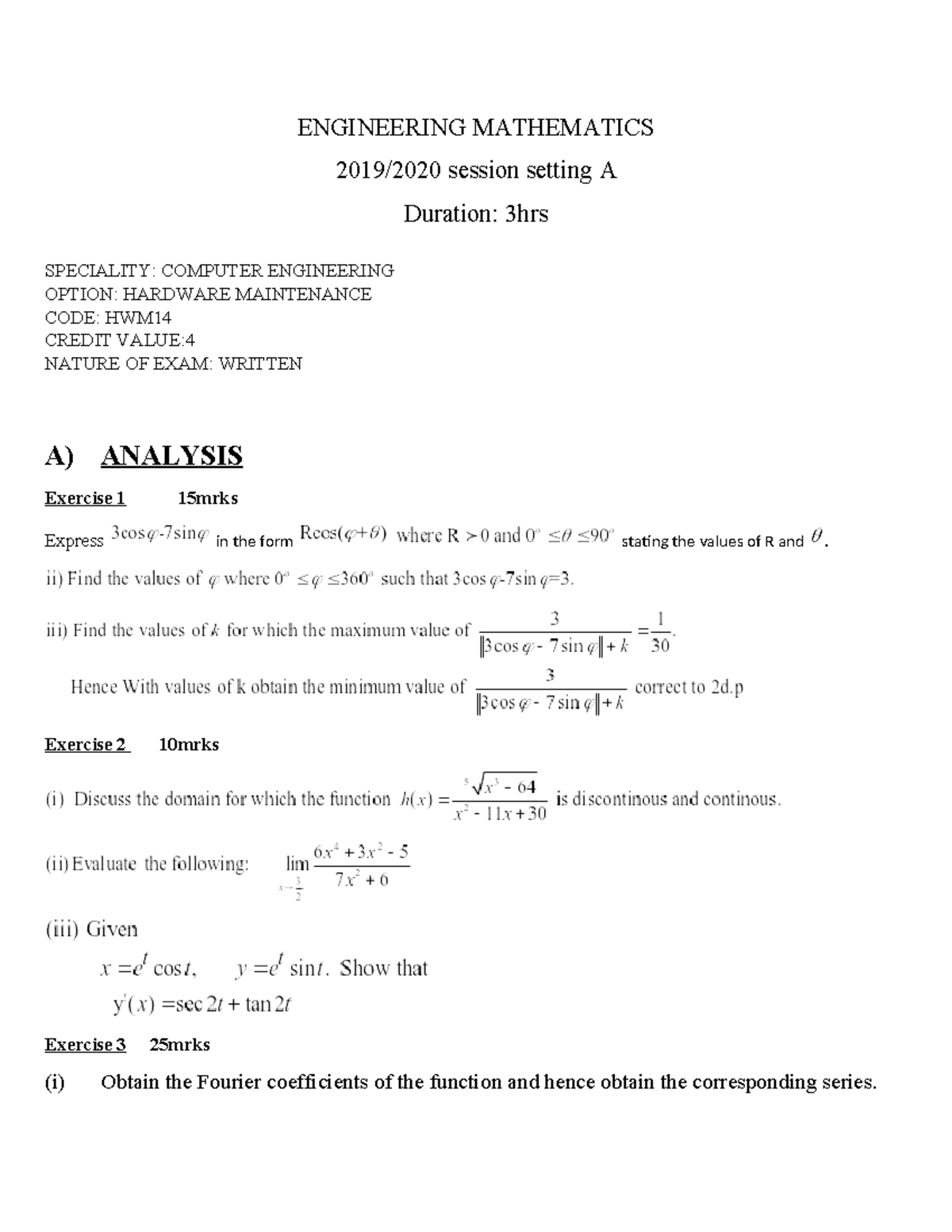 Engineering Mathematics HWM14 Setting A - ENGINEERING MATHEMATICS 2019/ ...
