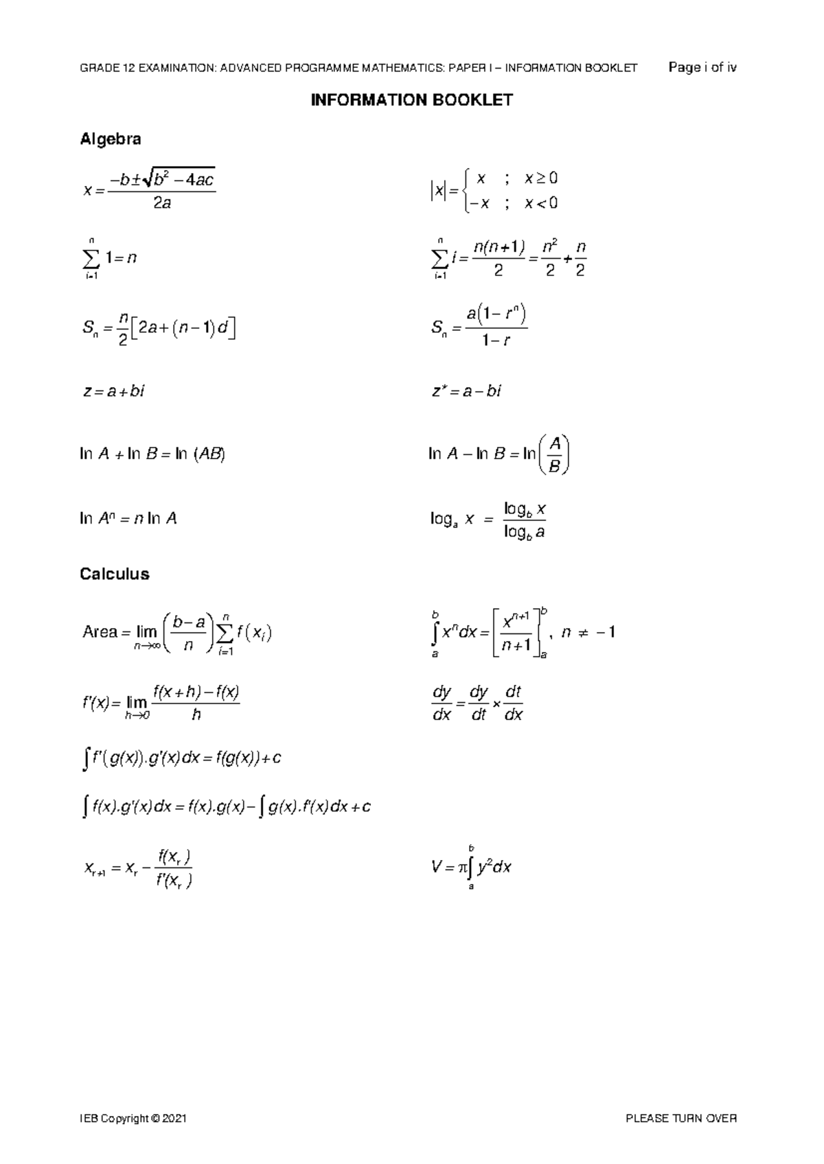 AP Maths P1 Information Booklet 2021 - GRADE 12 EXAMINATION: ADVANCED ...