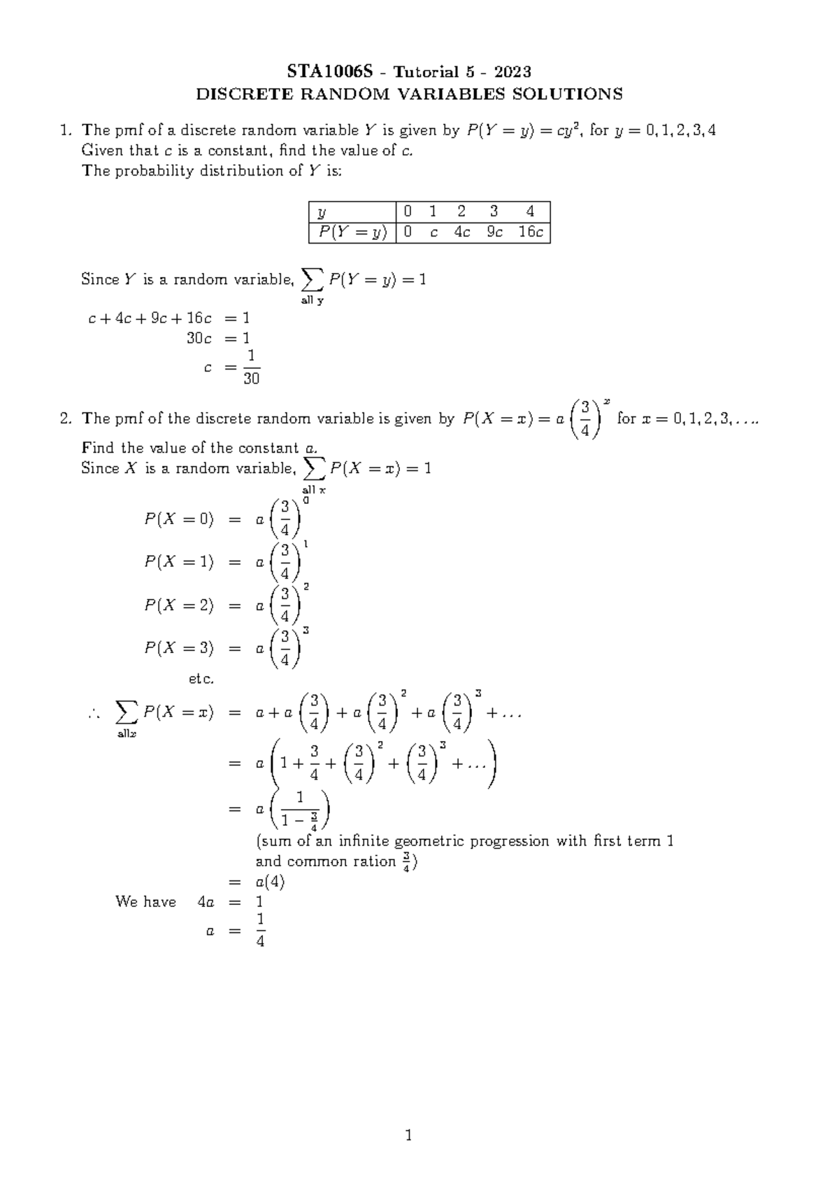 Tutorial 5 - Discrete Random Variables 2023 Solutions - STA1006S - Tutorial 5 - 2023 DISCRETE ...