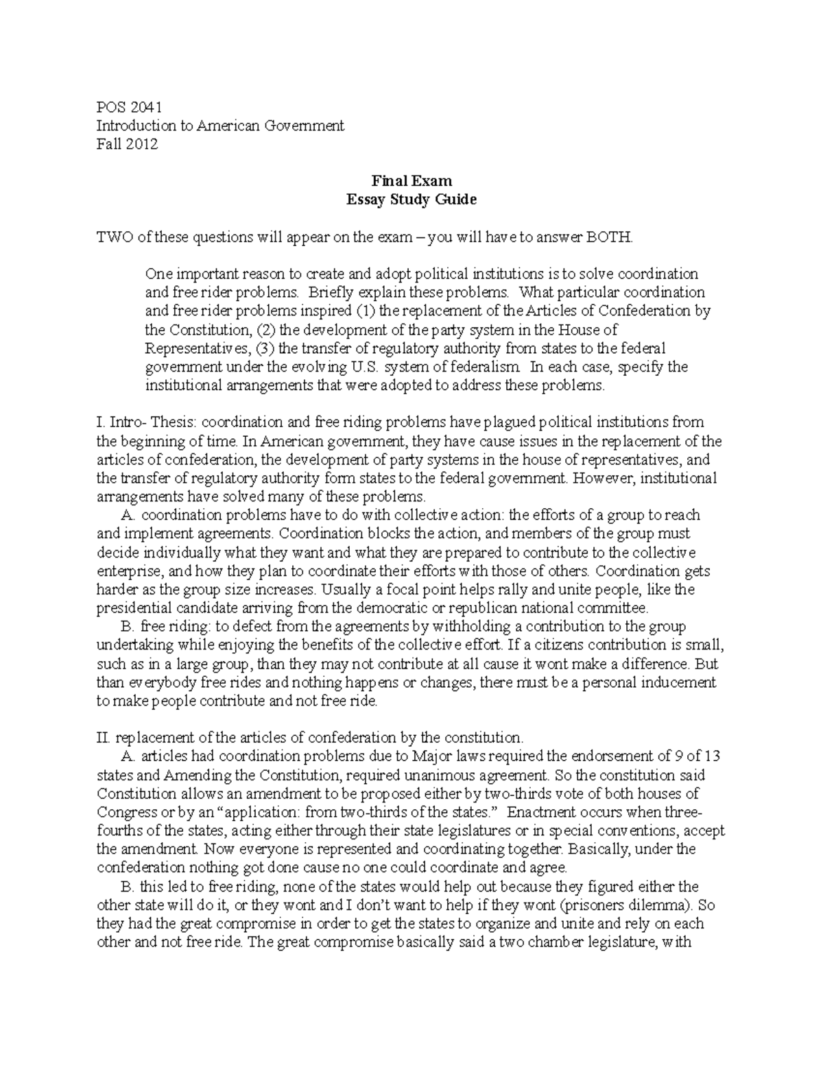 Final Exam - Essay Study Guide - POS 2041 Introduction to American ...