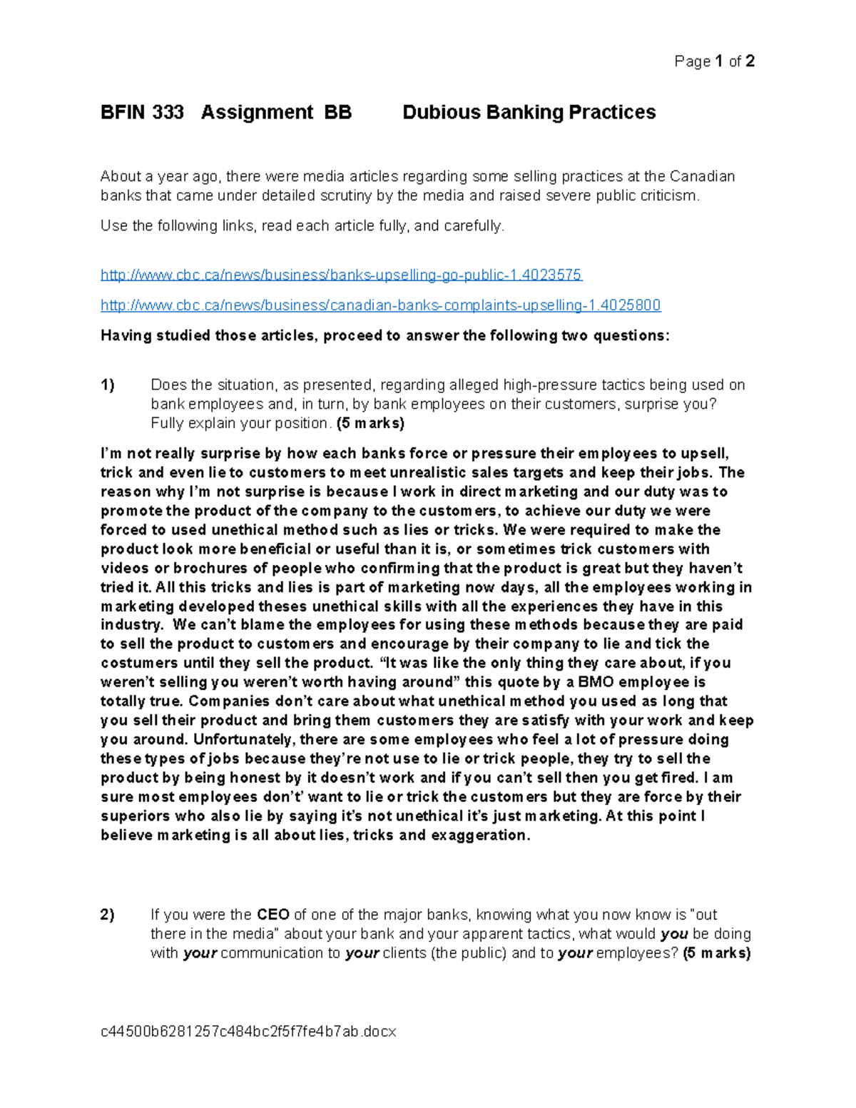 BFIN 333 Assignment BB Dubious Banking Practices - Page 1 of 2 BFIN 333 ...