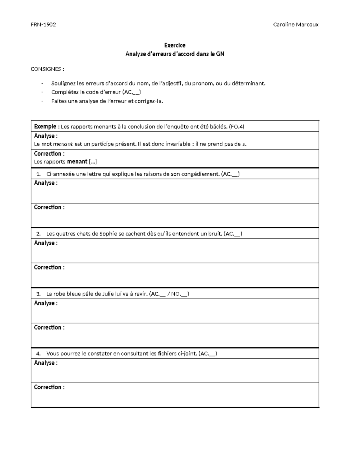 Exercice - Analyse d%27erreurs d%27accord dans le GN - FRN-1902 ...