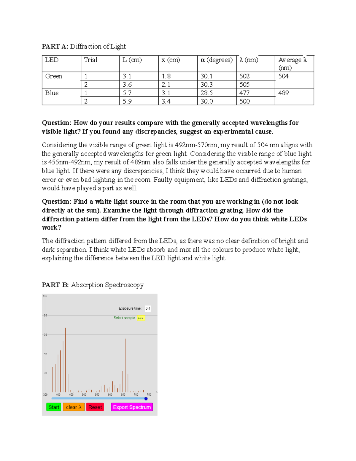 PHYS 1070 Lab 3 - PART A: Diffraction of Light LED Trial L (cm) x (cm ...