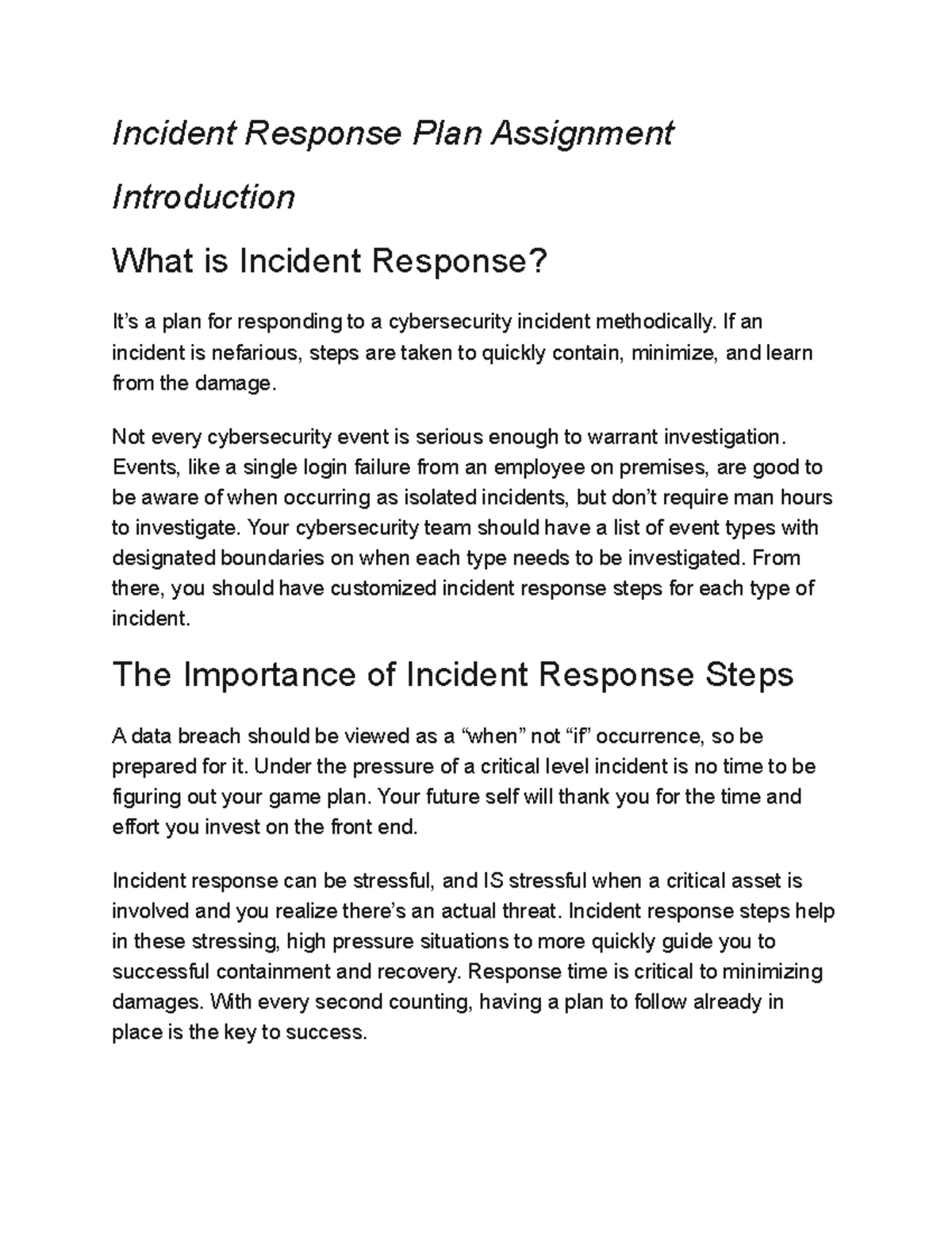 Incident Response Planning Assignment - Incident Response Plan ...