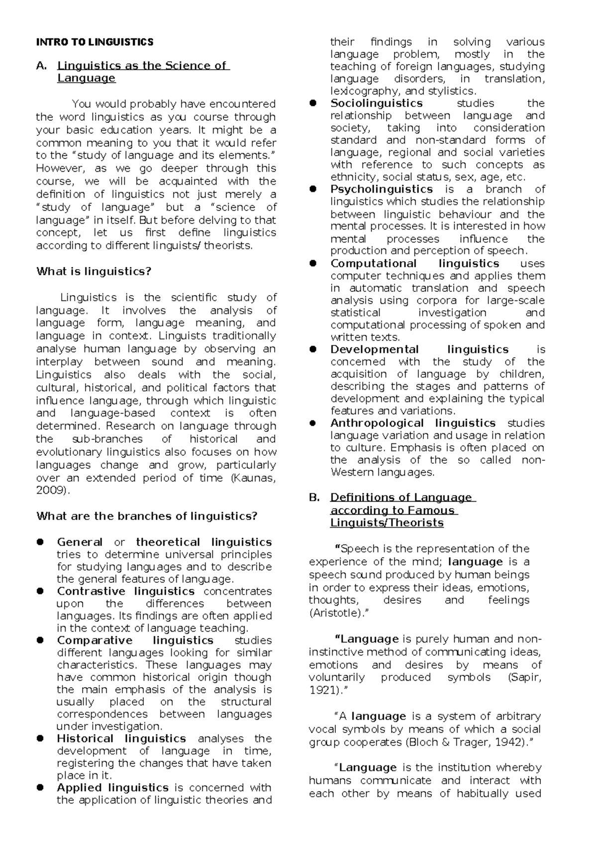 ITL. Lesson 1 - ... - INTRO TO LINGUISTICS A. Linguistics as the ...