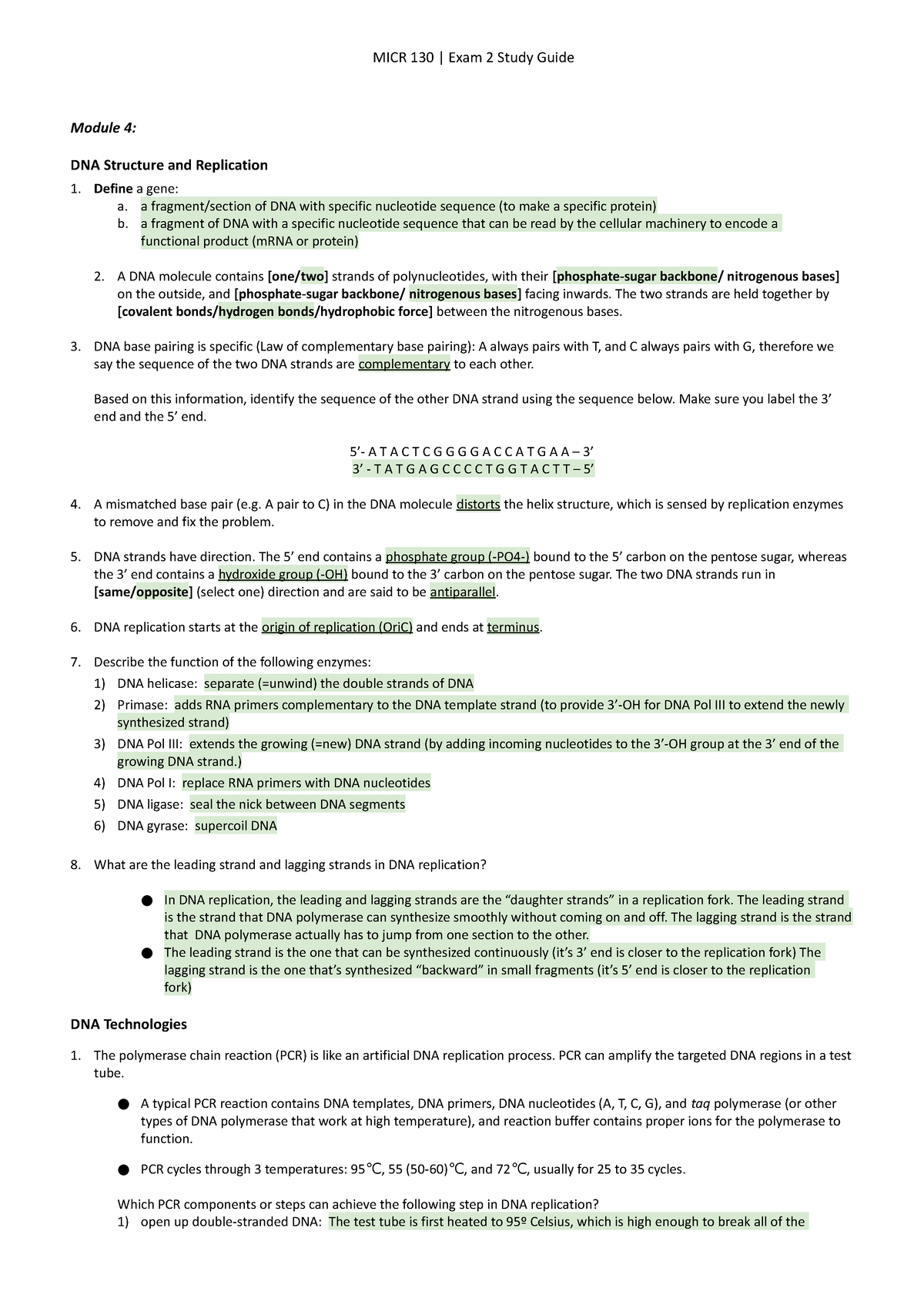 Exam 2 Study Guide - Module 4: DNA Structure and Replication 1. Define ...